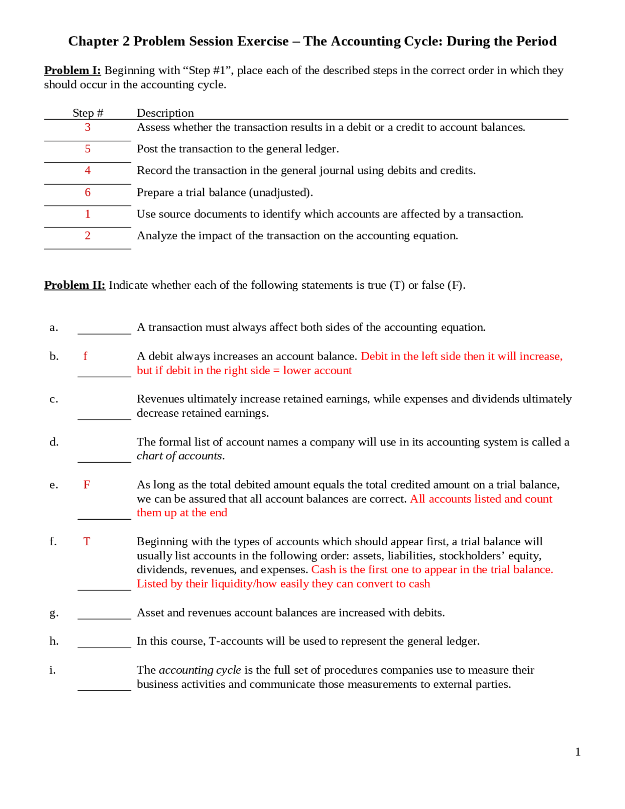 Accounting Cycle Exercise: The Accounting Equation and Trial Balance ...