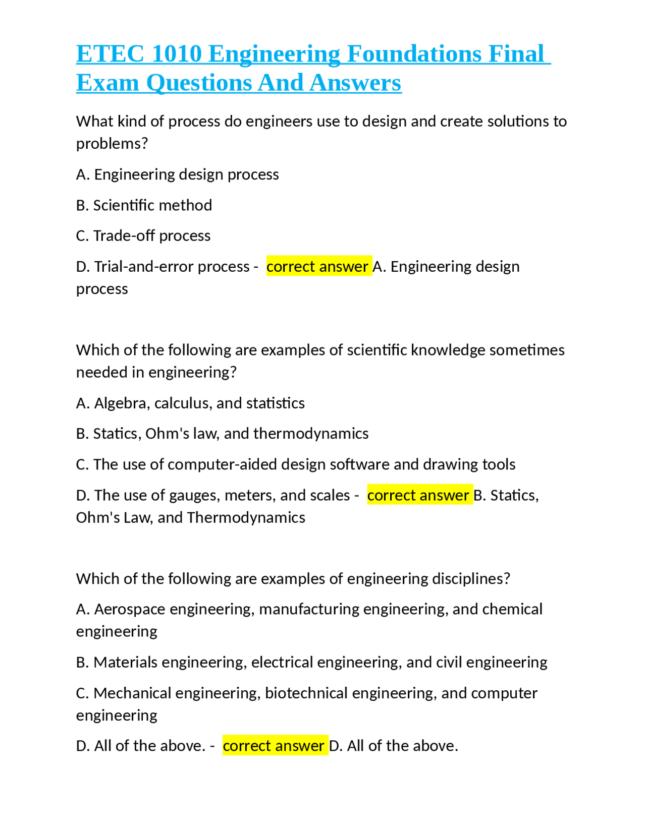 ETEC 1010 Engineering Foundations Final Exam Questions And Answers ...