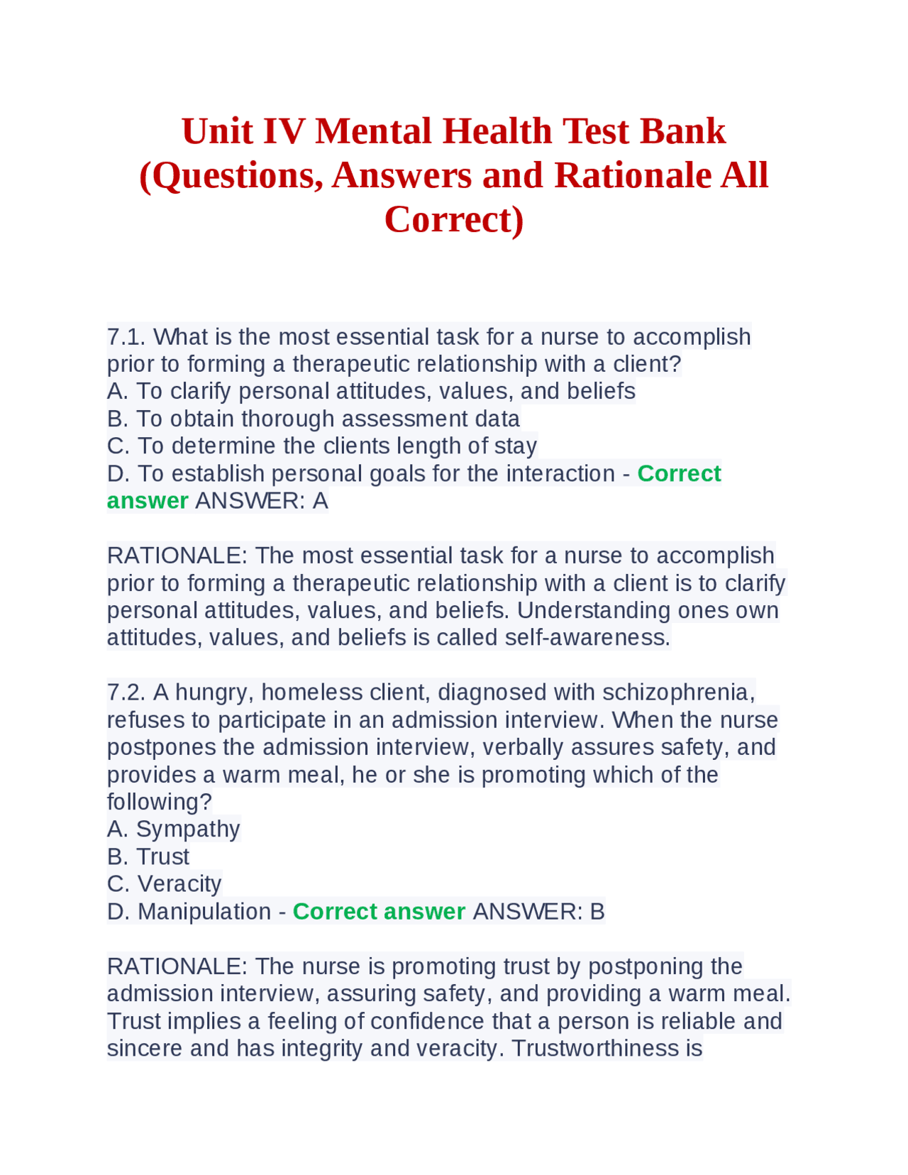 Unit IV Mental Health Test Bank | Exams Nursing | Docsity