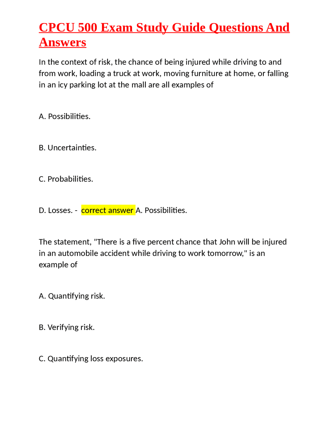 CPCU 500 Exam Study Guide Questions And Answers | Exams Business ...