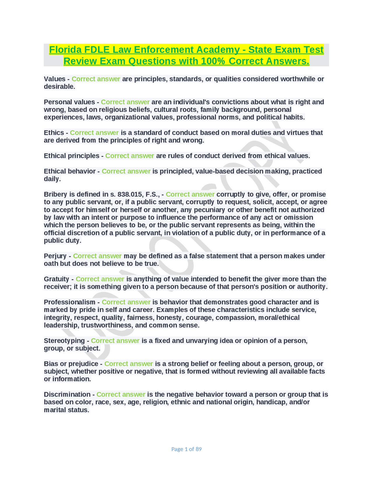 Florida FDLE Law Enforcement Academy - State Exam Test Review Exam ...