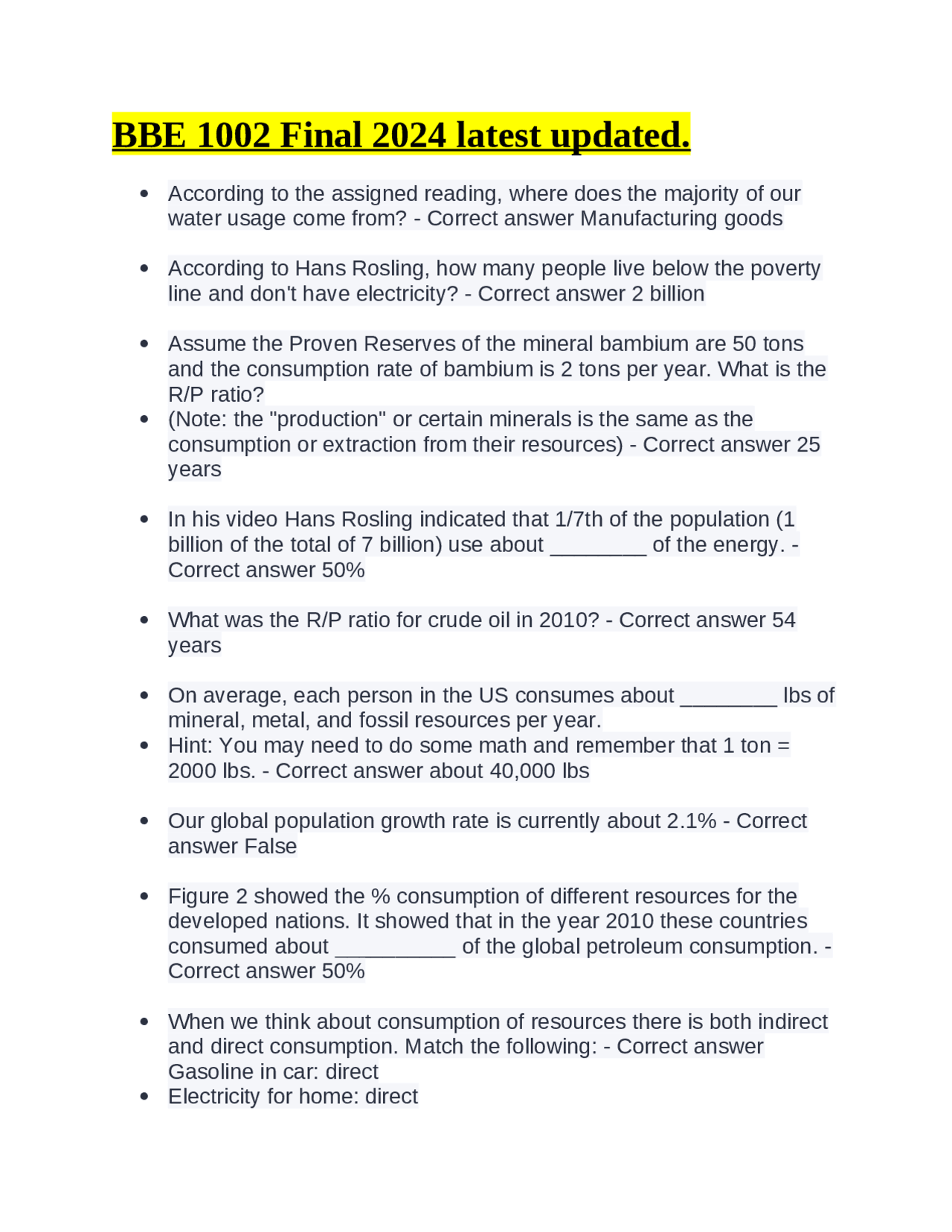 BBE 1002 Final 2024 | Exams Economic history | Docsity