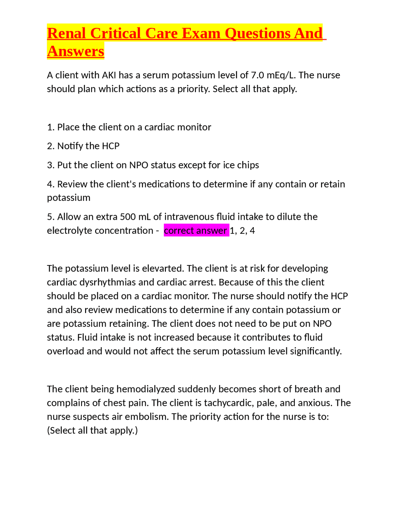 Renal Critical Care Exam Questions And Answers | Exams Medicine | Docsity