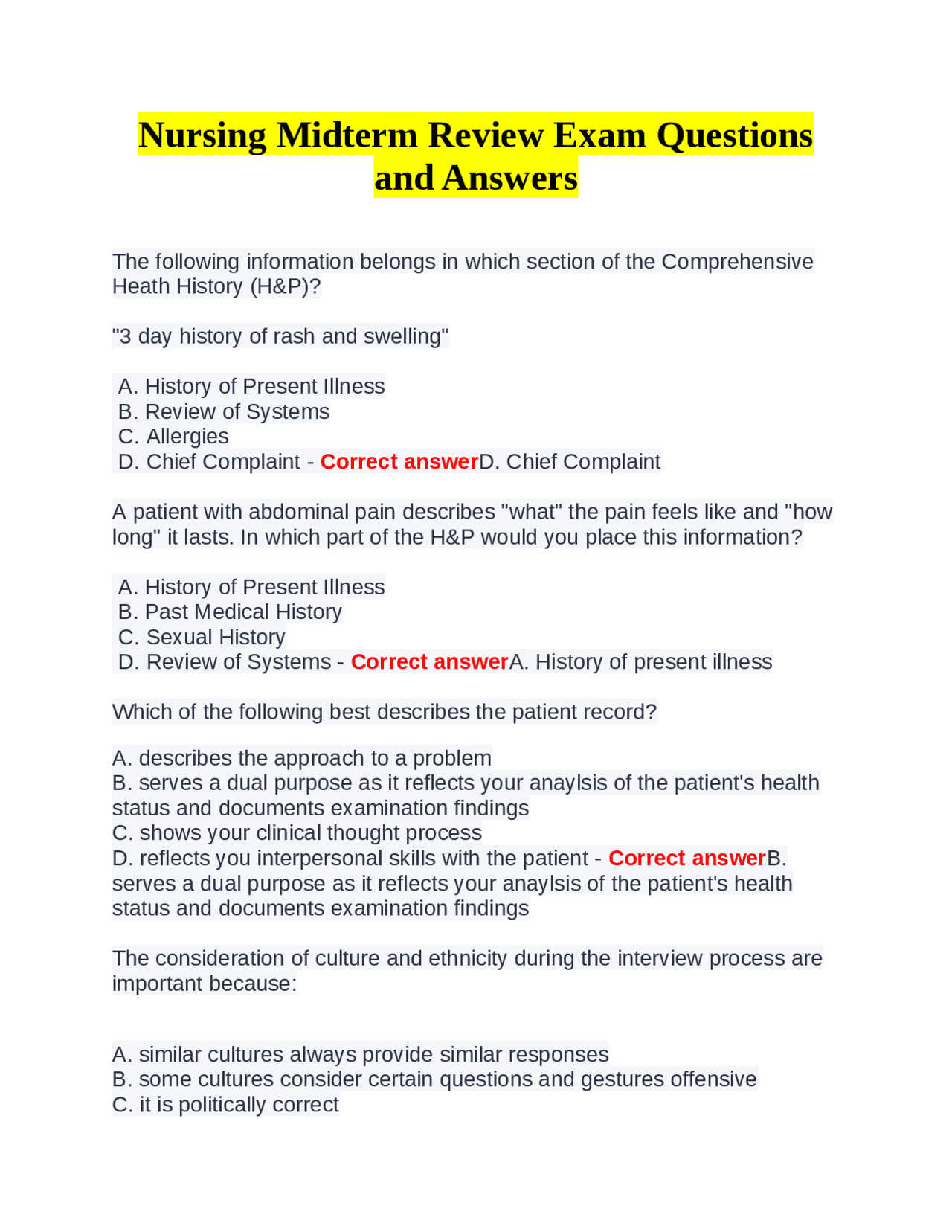 Nursing Midterm Review Exam Questions and Answers | Exams Nursing | Docsity