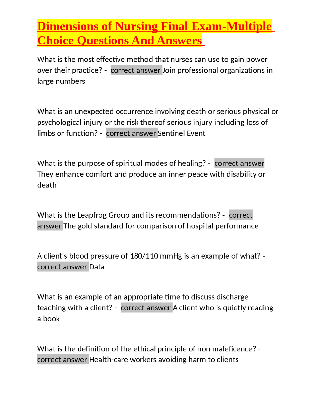 Dimensions of Nursing Final Exam-Multiple Choice Questions And Answers ...