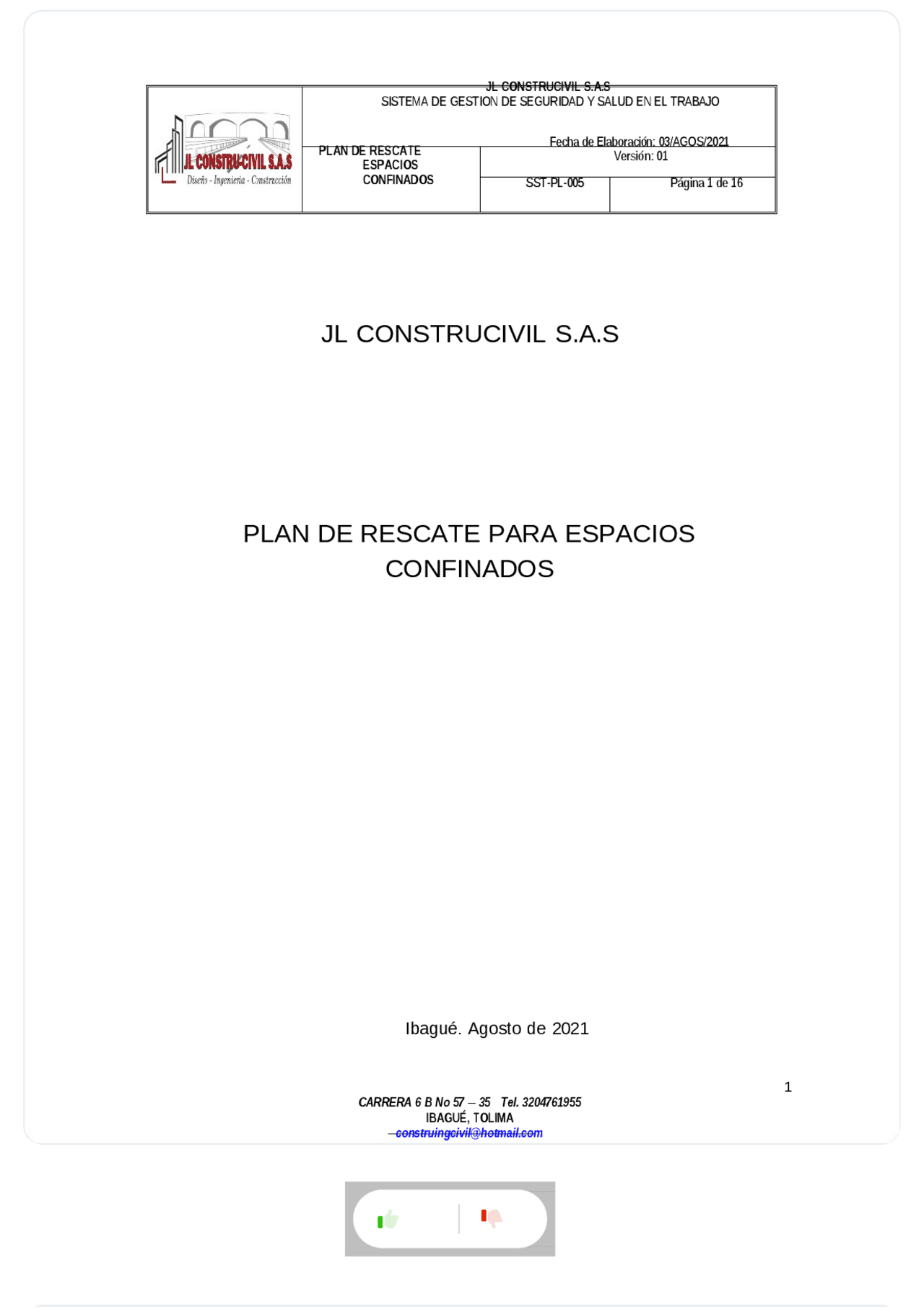 Plan de Rescate en Espacios Confinados de JL CONSTRUCCIVIL S.A.S | Monografías, Ensayos de ...