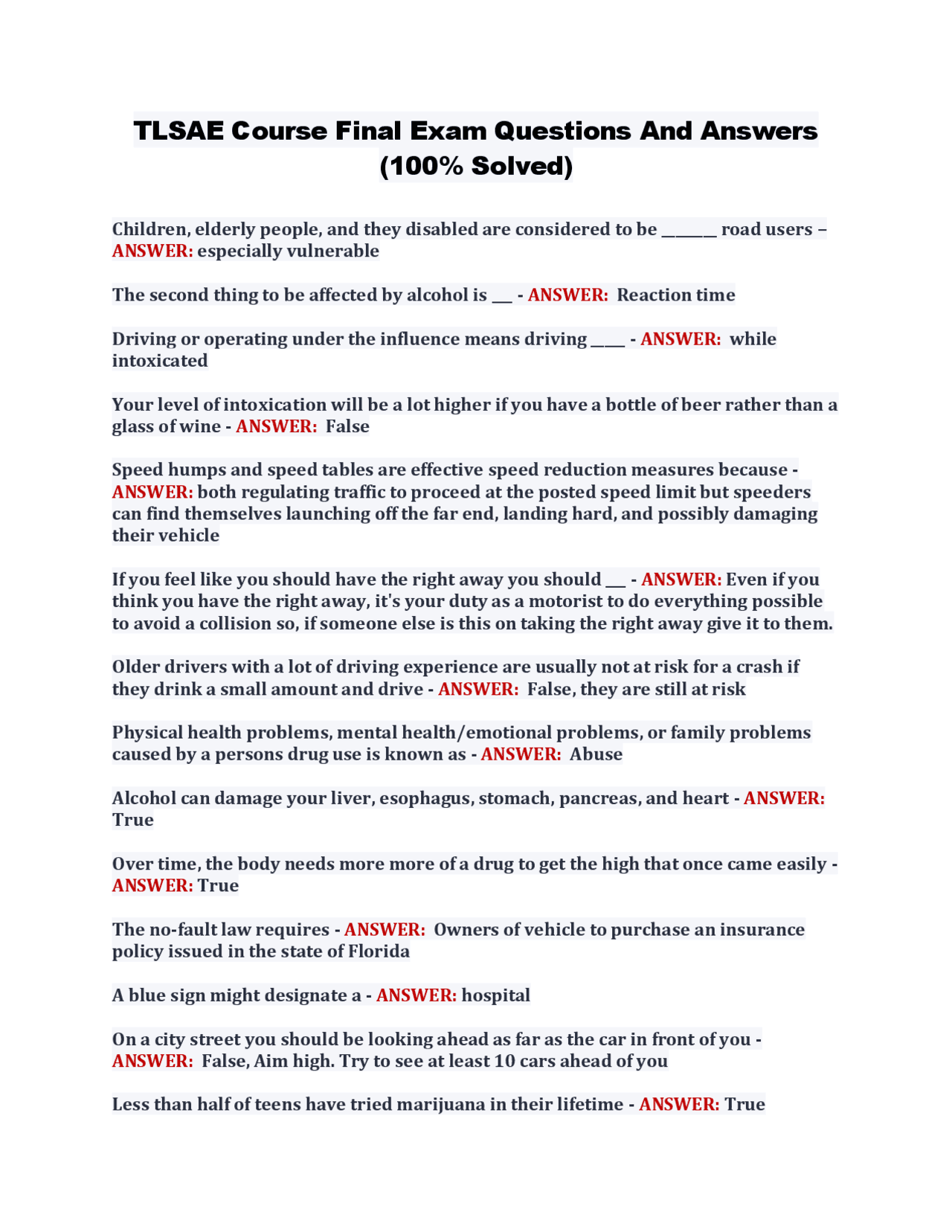 Tlsae Course Final Exam Questions And Answers 100 Solved Exams Health Sciences Docsity