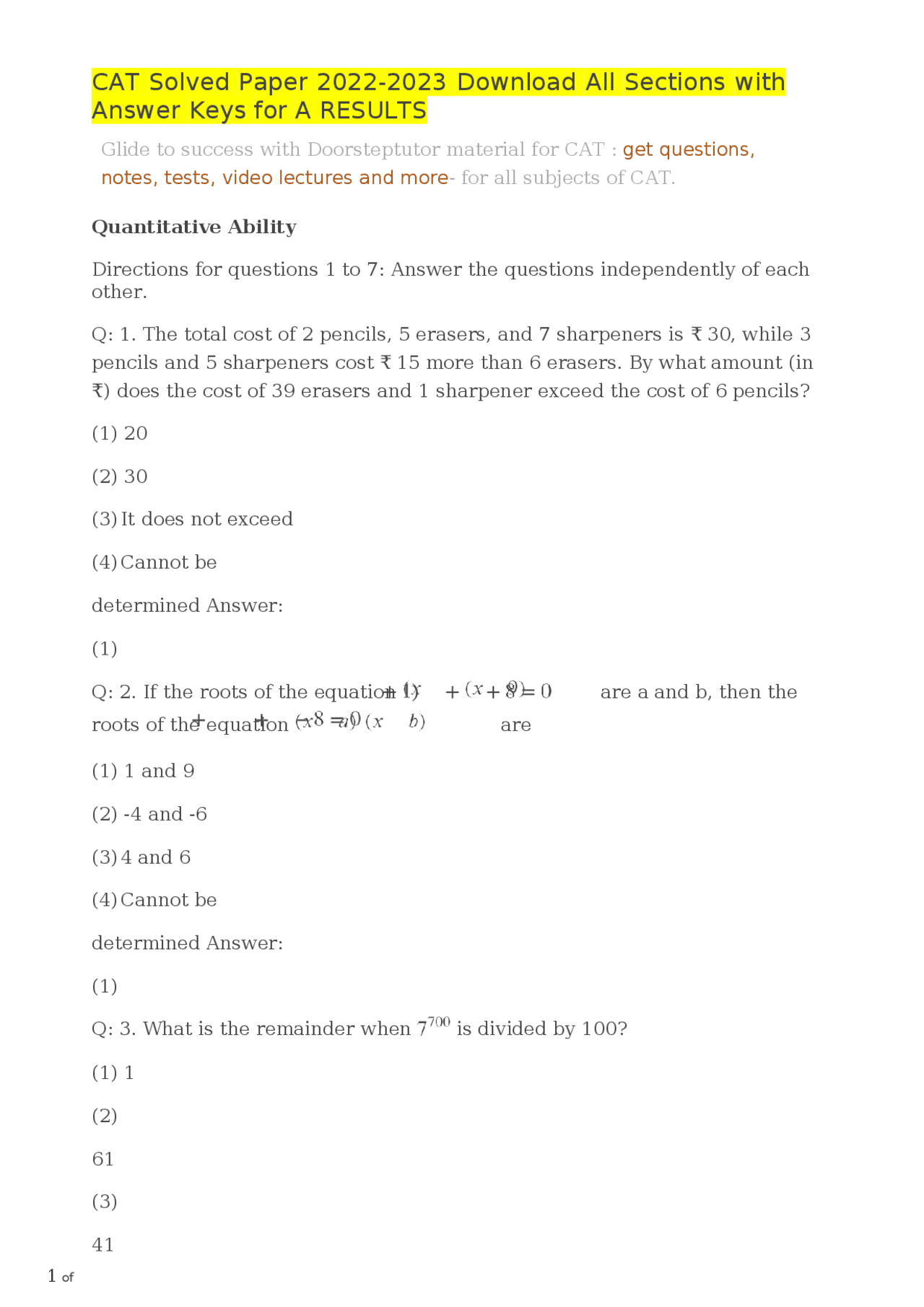 CAT Solved Paper 2022-2023 | Exams Mathematics | Docsity