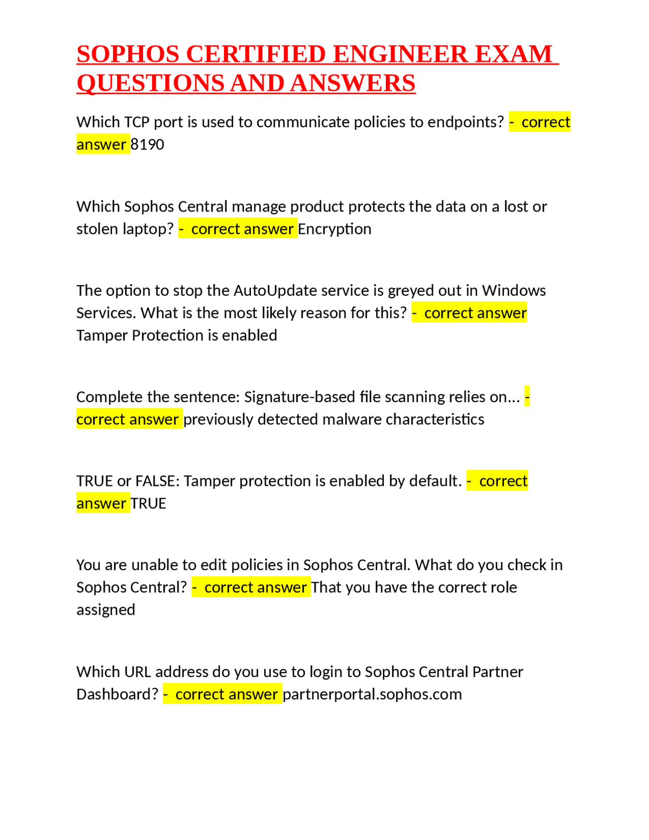 SOPHOS CERTIFIED ENGINEER EXAM QUESTIONS AND ANSWERS | Exams Engineering | Docsity