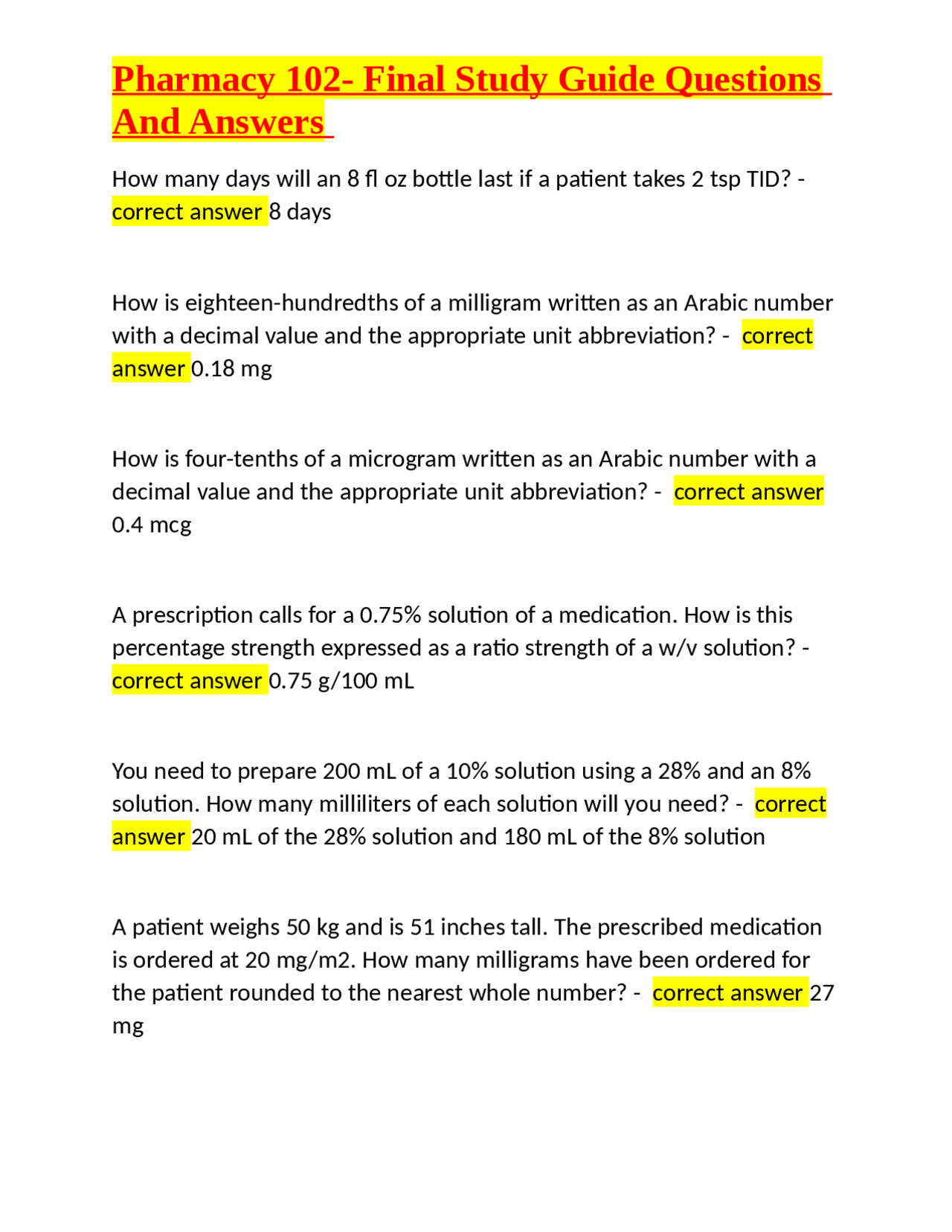 Pharmacy 102- Final Study Guide Questions And Answers | Exams Pharmacy ...