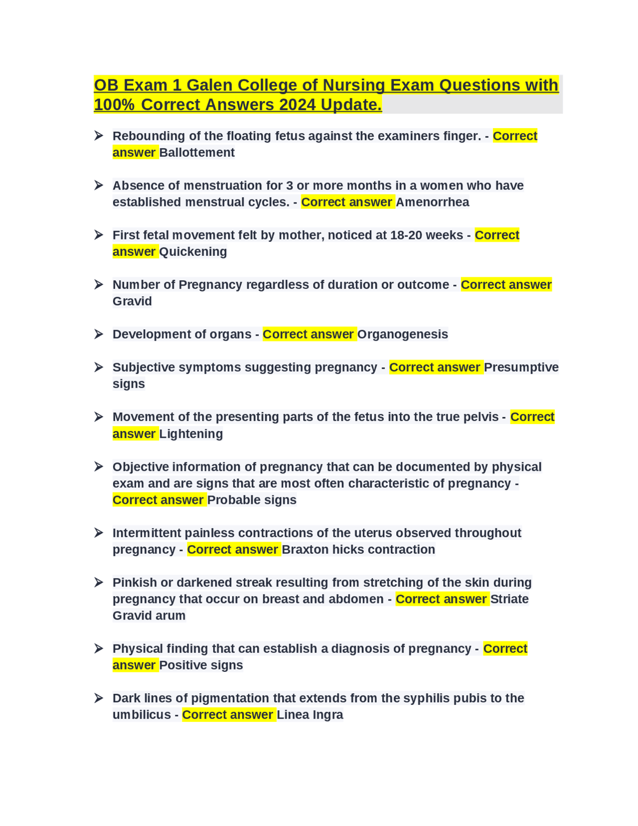 Ob Exam 1 Galen College Of Nursing Exam Questions With 100 Correct Answers 2024 Update Exams