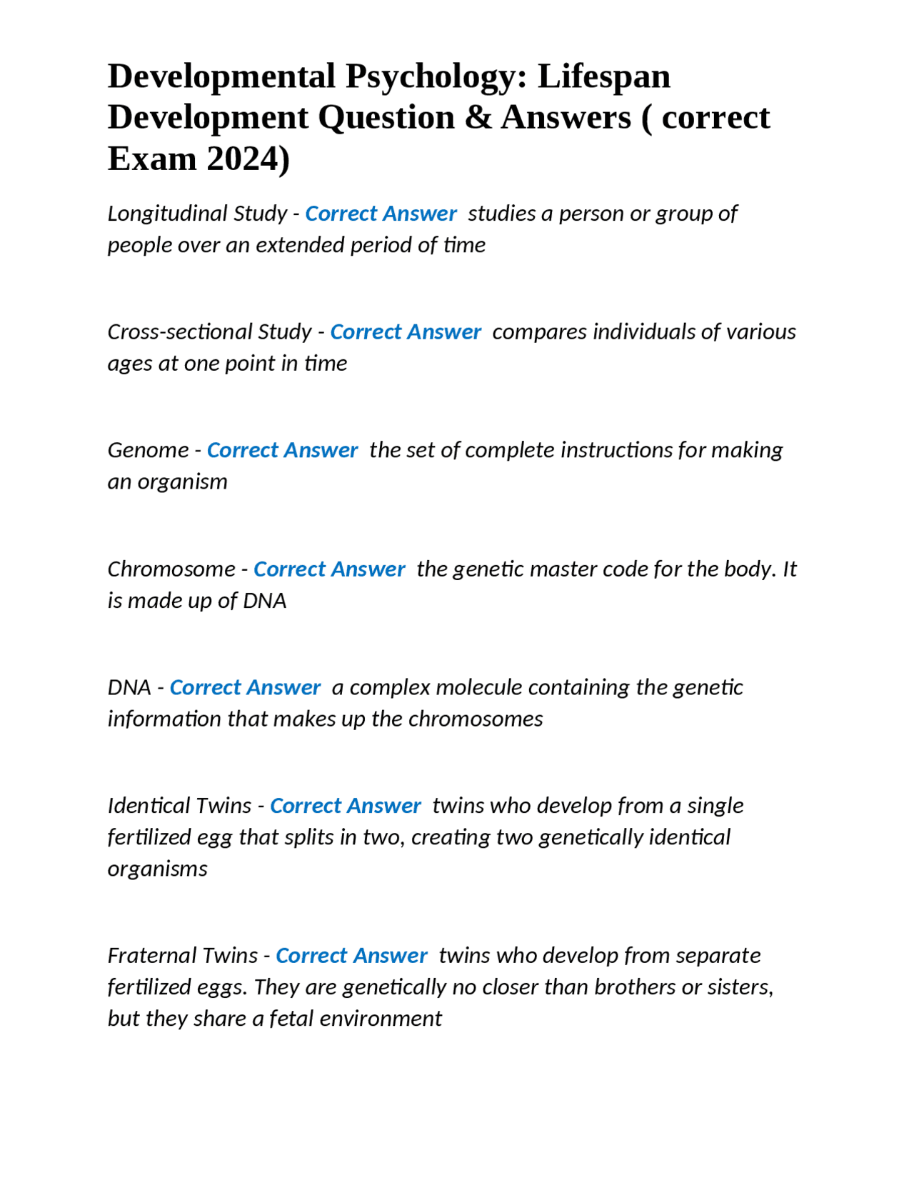 Developmental Psychology: Lifespan Development Question & Answers ...