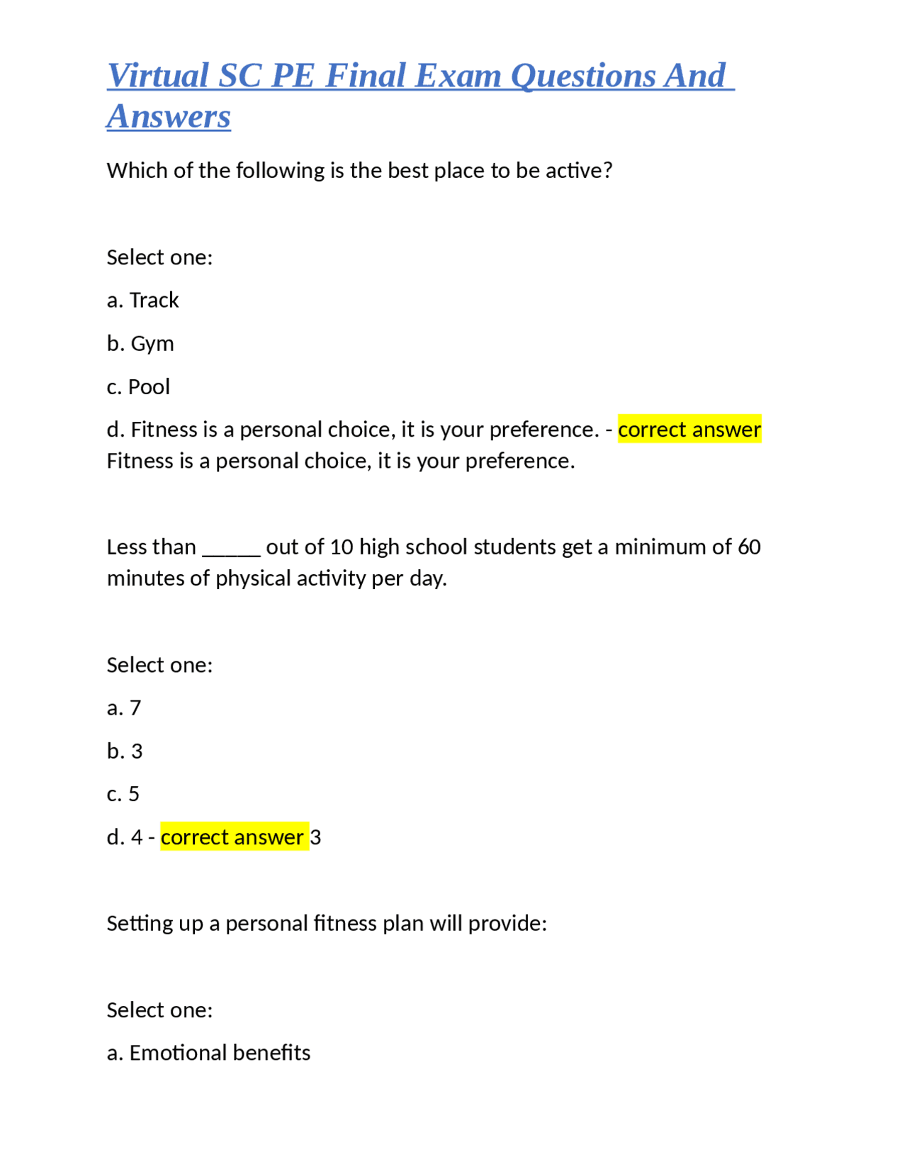 Virtual SC PE Final Exam Questions And Answers | Exams Medicine | Docsity