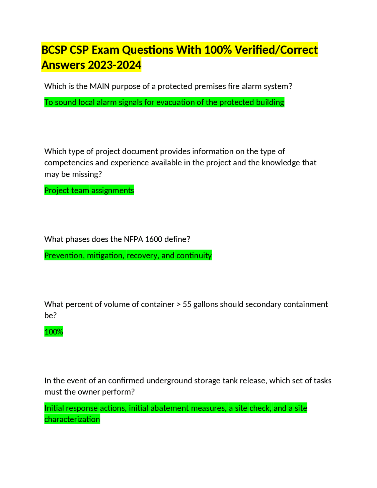 BCSP CSP Exam Questions With 100% Verified/Correct Answers 2023-2024 ...