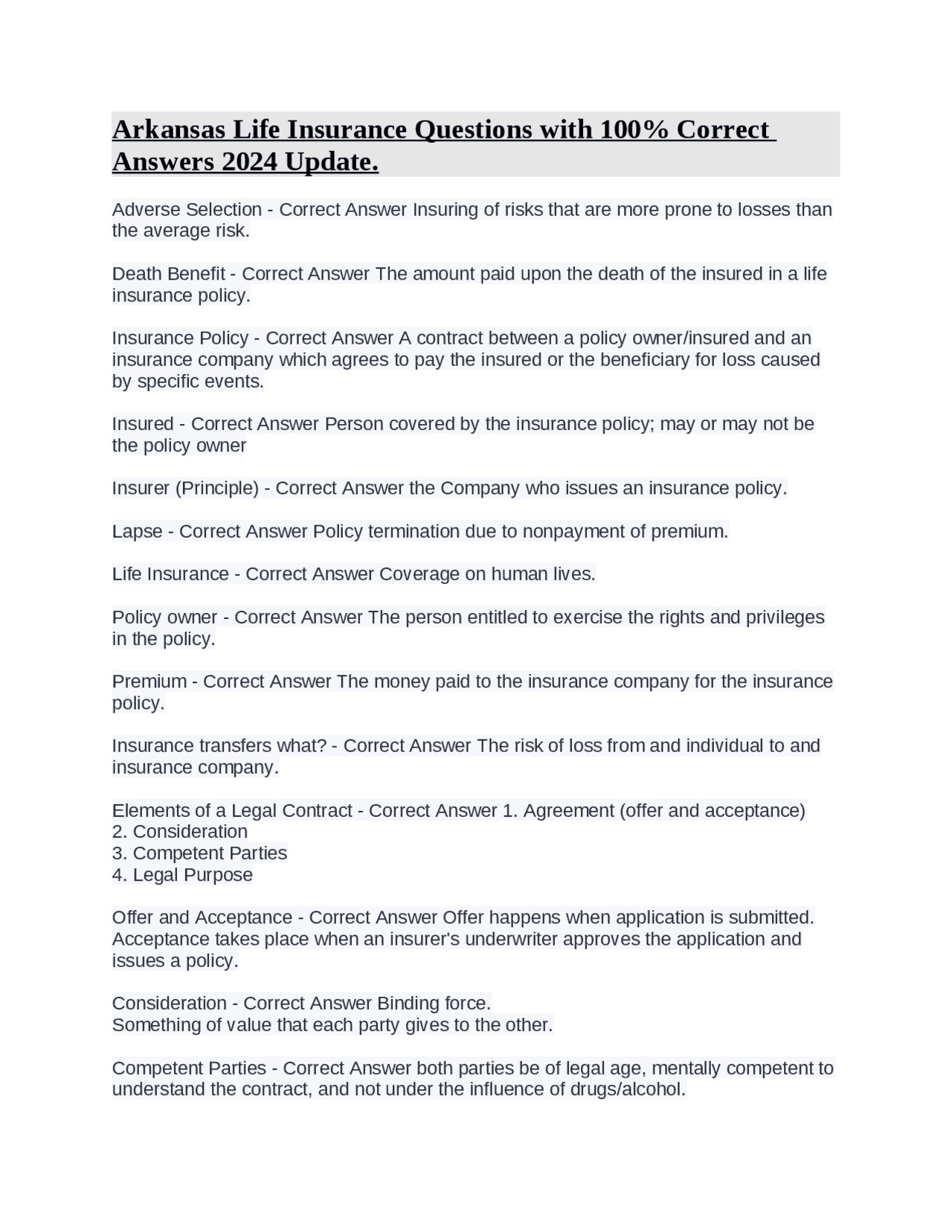 Arkansas Life Insurance Questions with 100% Correct Answers 2024 Update ...