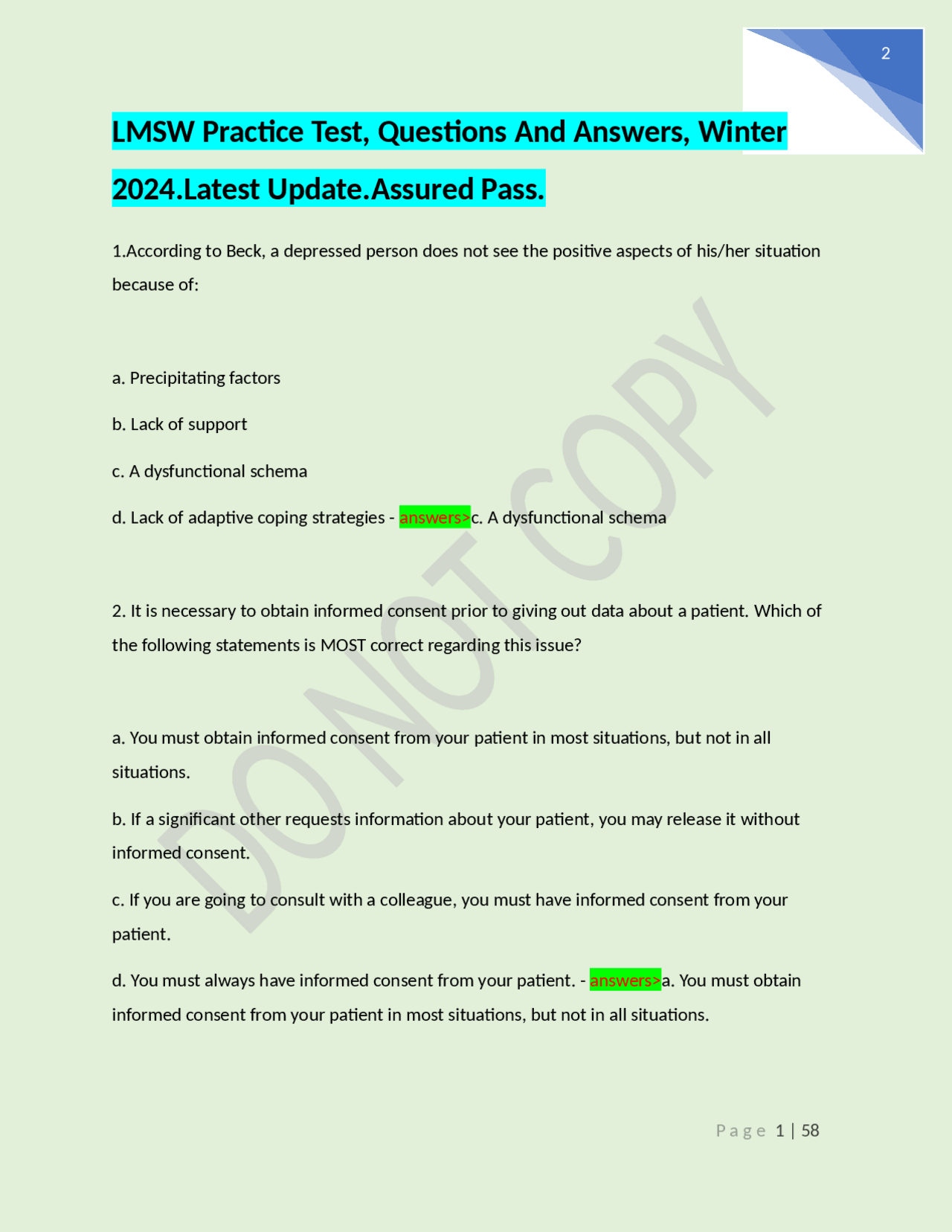 LMSW Practice Test, Questions And Answers, Winter 2024.Latest Update ...