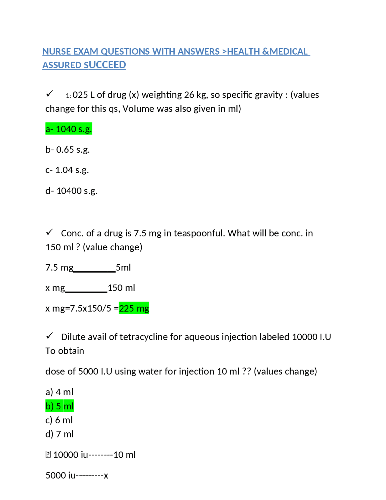 Nurse Exam Questions with Answers | Exams Nursing | Docsity
