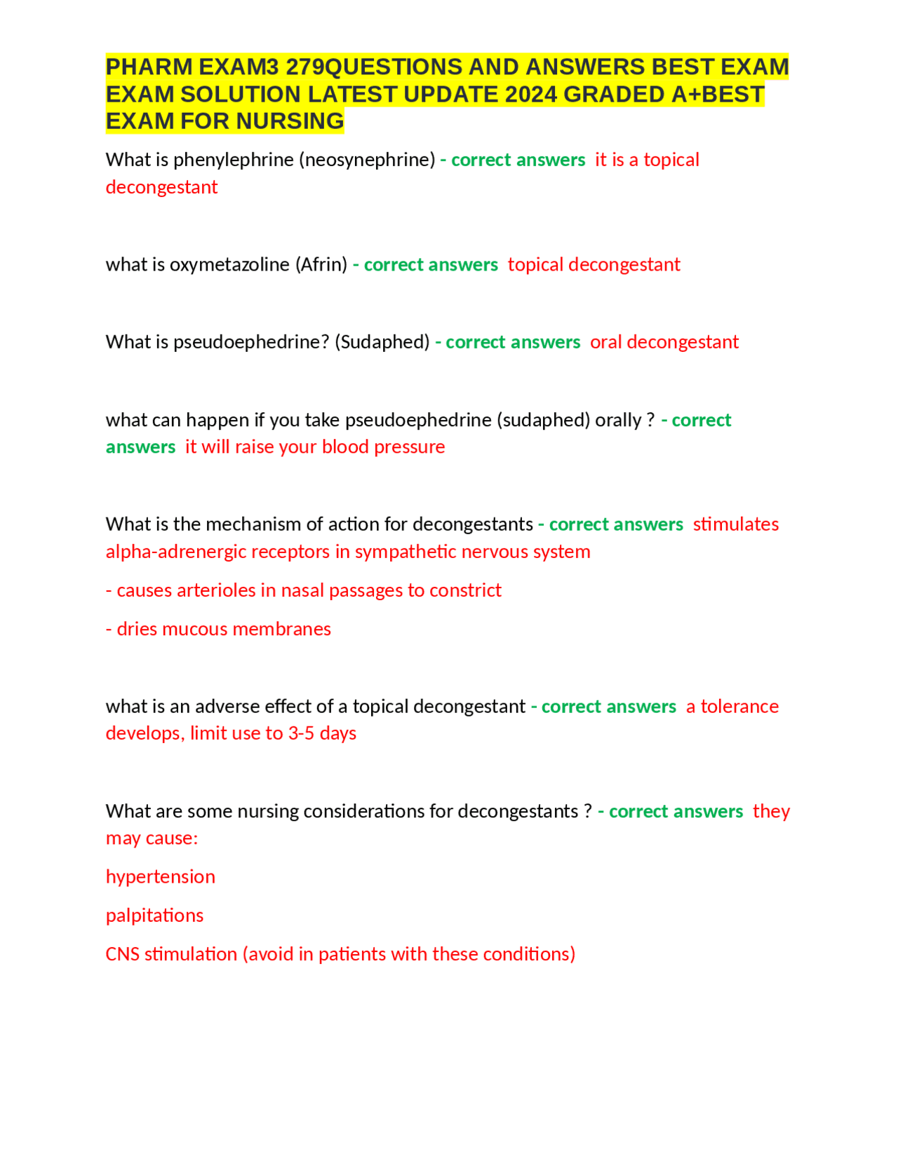 PHARM EXAM3 279QUESTIONS AND ANSWERS BEST EXAM EXAM SOLUTION LATEST ...