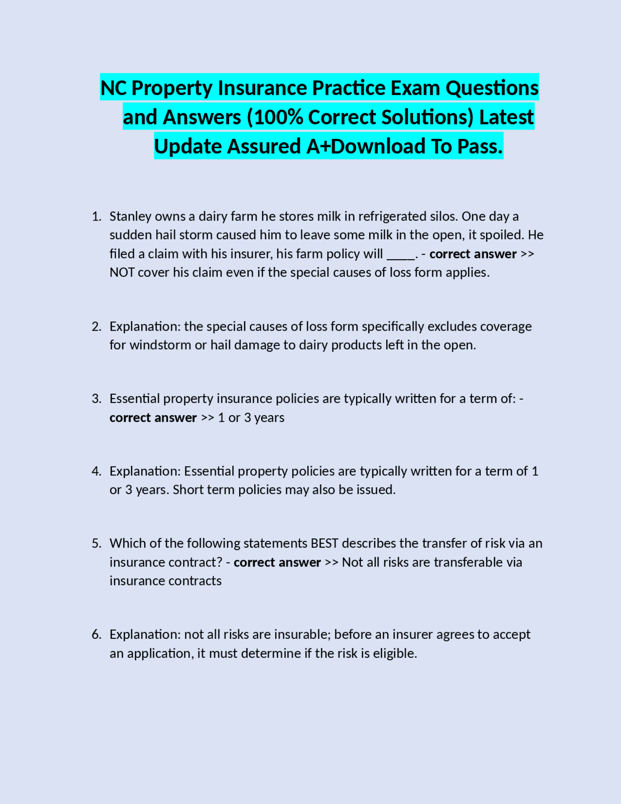 NC Property Insurance Practice Exam Questions and Answers | Exams ...