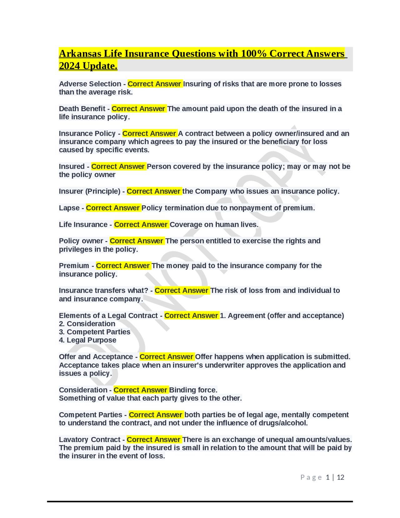 Arkansas Life Insurance Questions with 100% Correct Answers 2024 Update ...