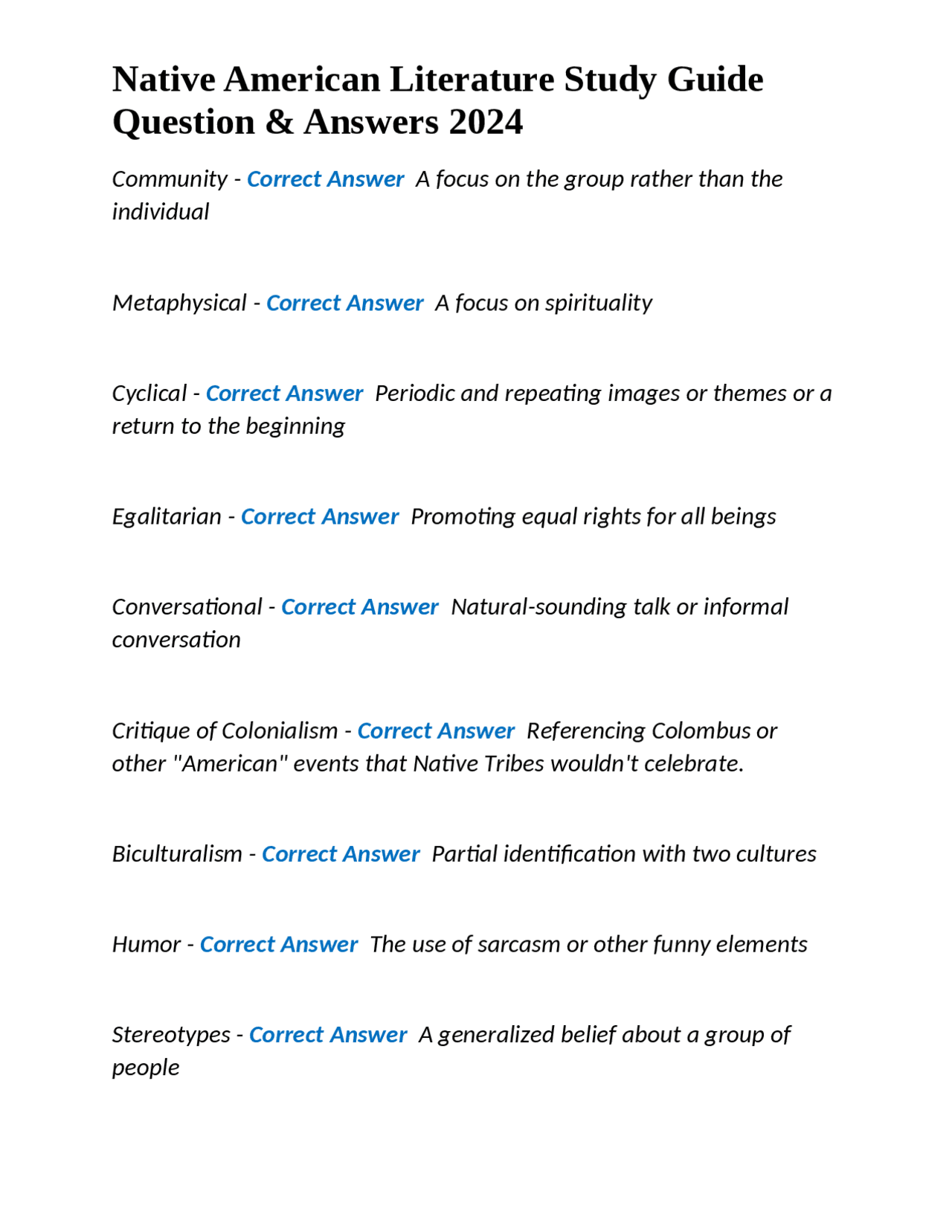 Native American Literature Study Guide Question & Answers 2024 | Exams ...