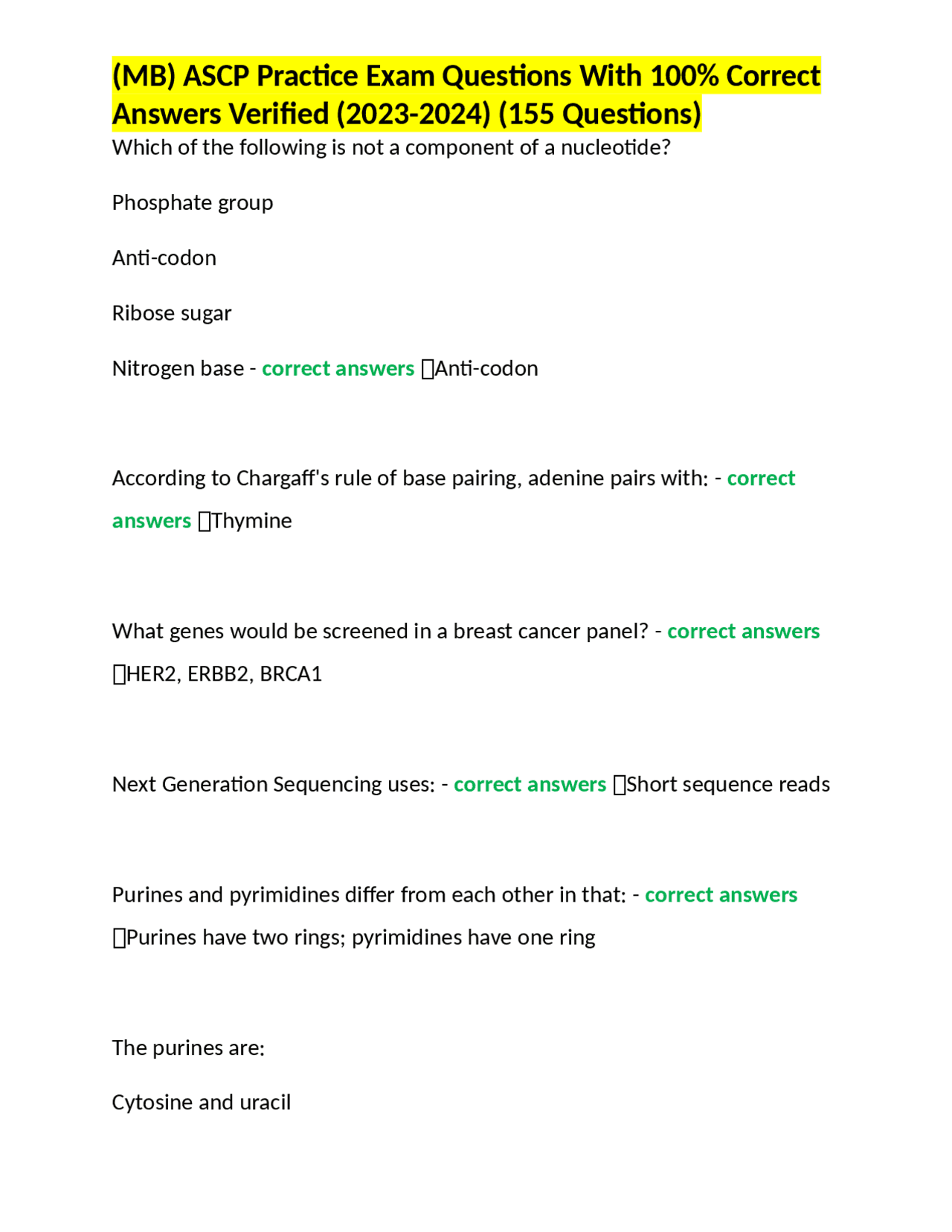 (MB) ASCP Practice Exam Questions With 100% Correct Answers Verified ...