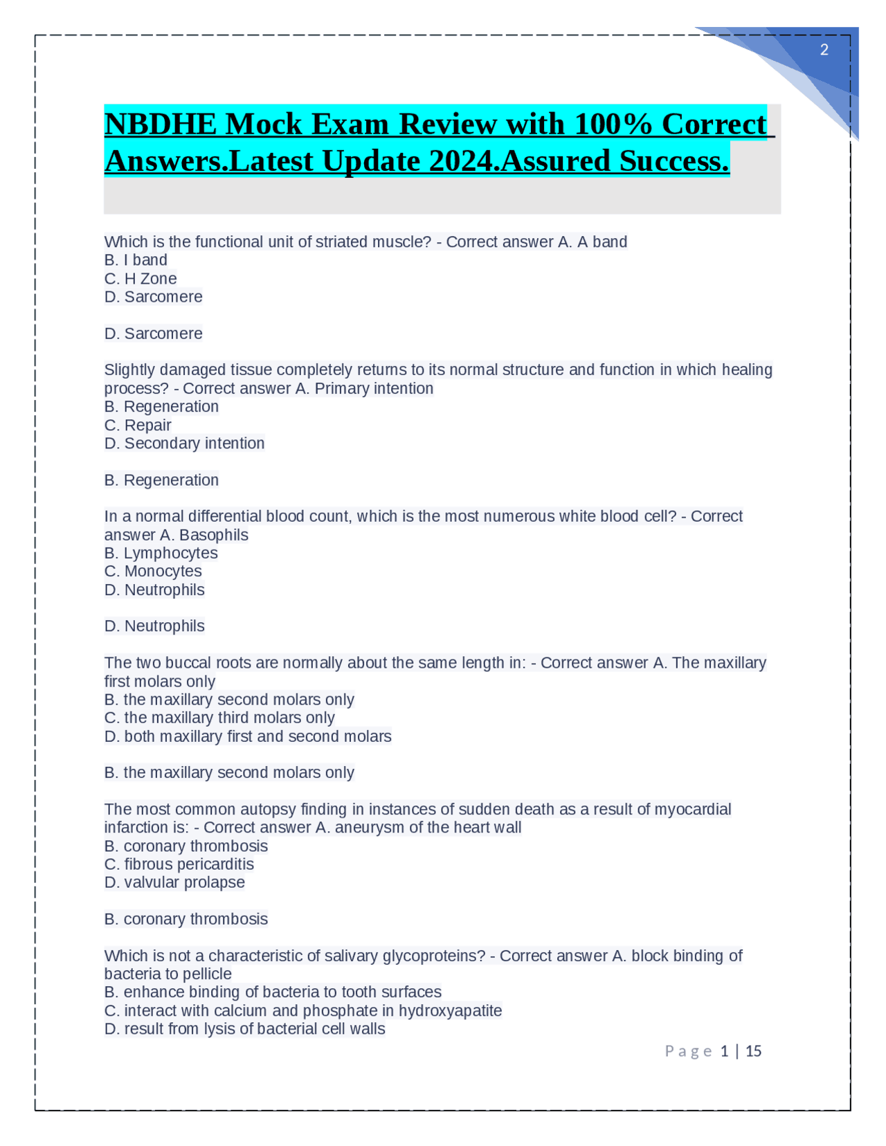 NBDHE Mock Exam Review with 100% Correct Answers.Latest Update 2024 ...