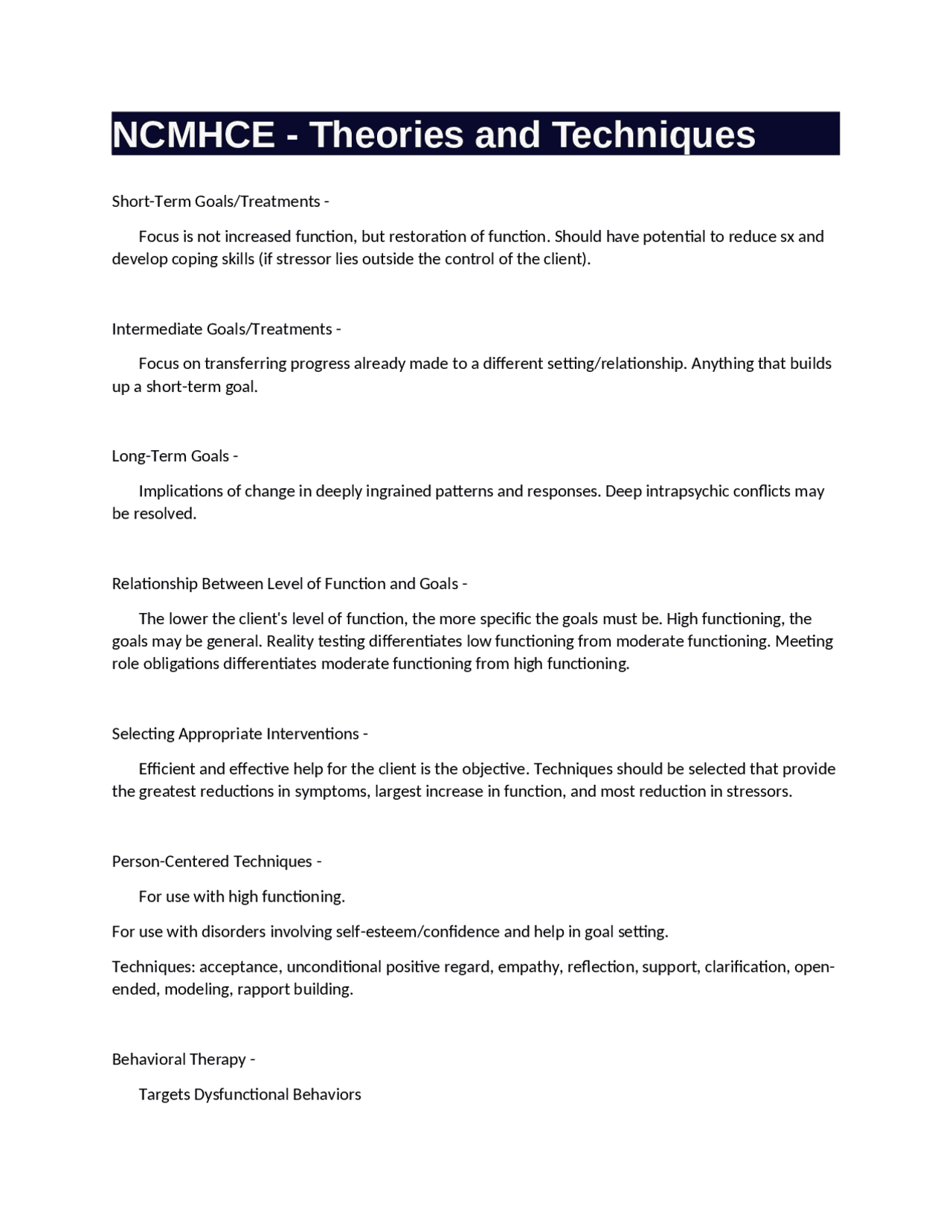 NCMHCE Theories and Techniques | Exams Psychology | Docsity