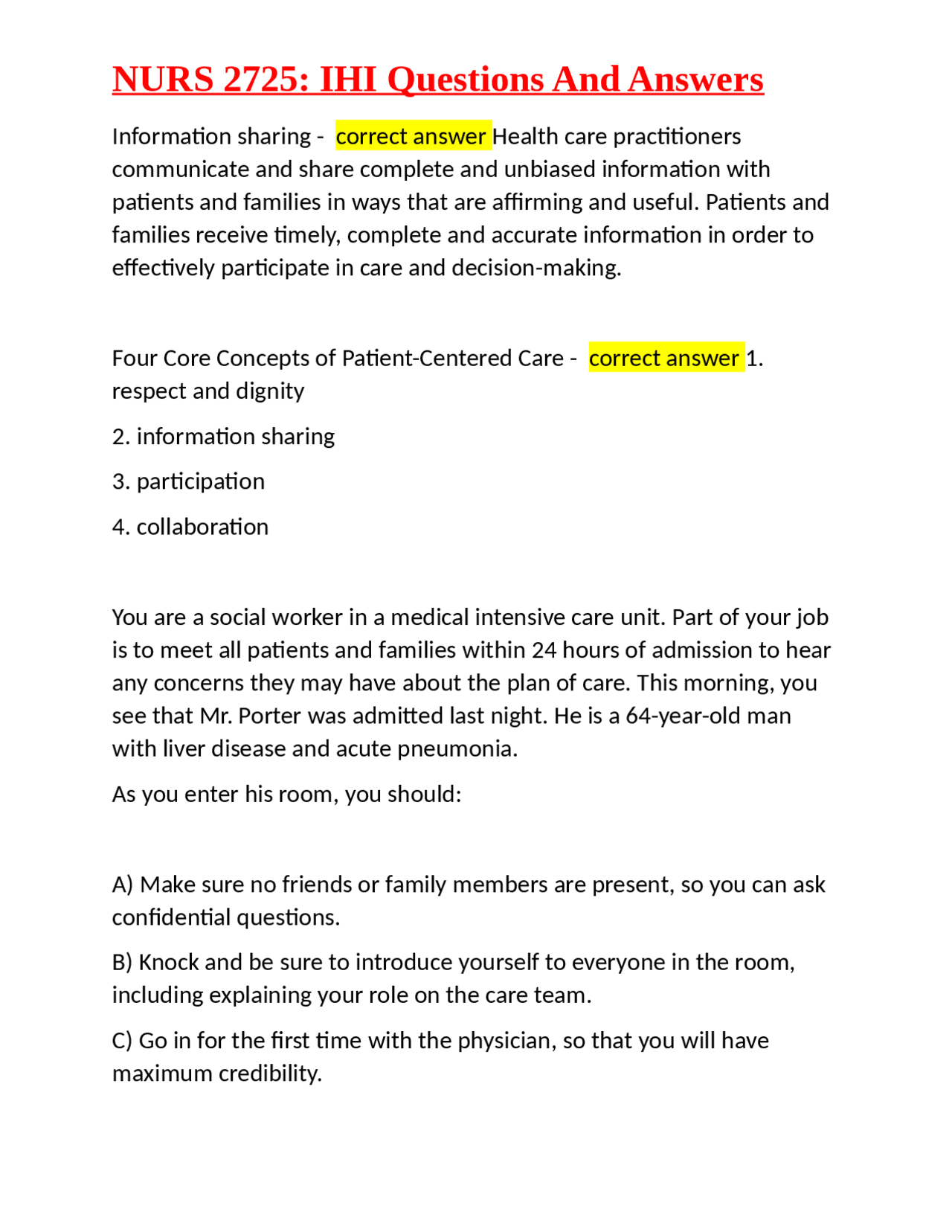 NURS 2725: IHI Questions And Answers | Exams Nursing | Docsity