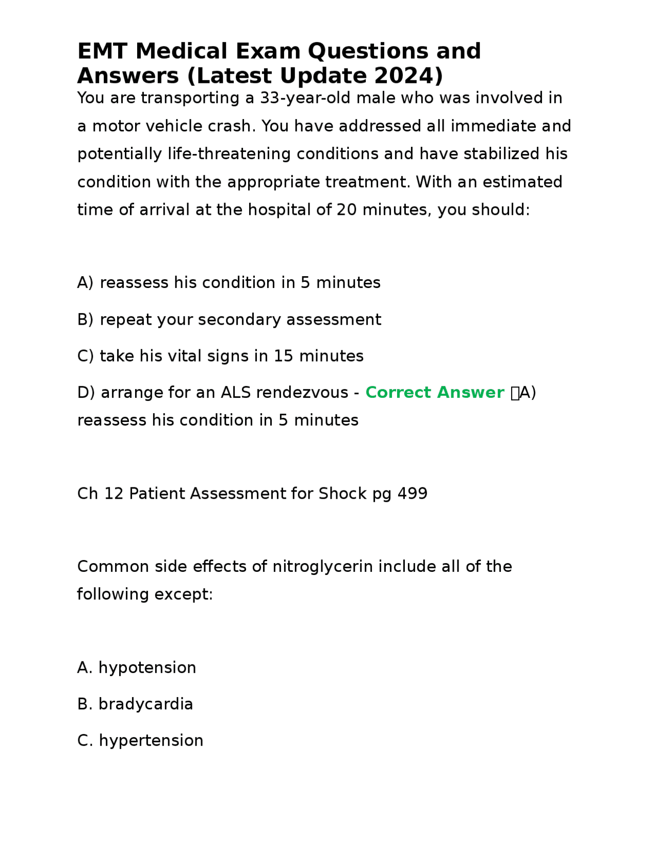 EMT Medical Exam Questions and Answers (Latest Update 2024) | Exams ...