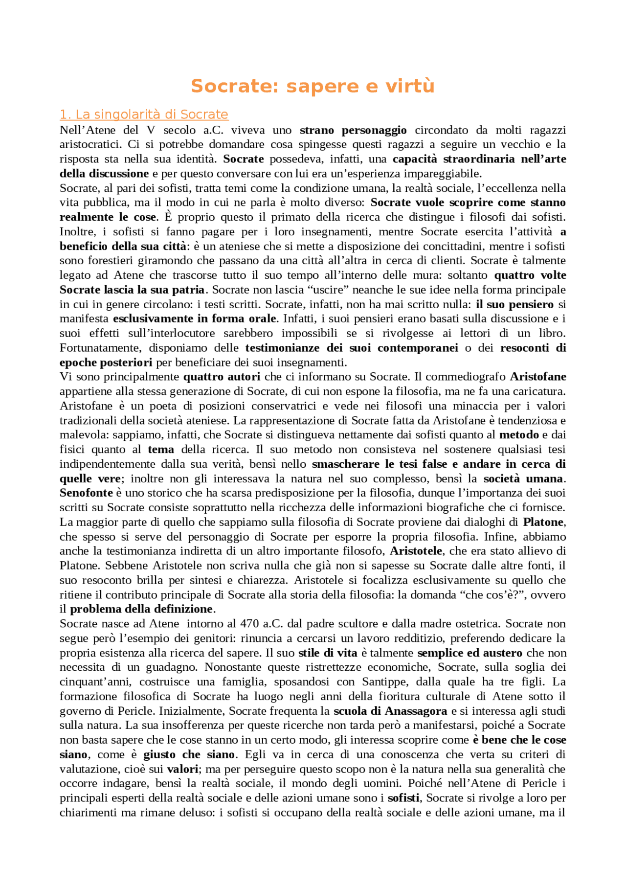 Socrate: sapere e virtù | Appunti di Filosofia | Docsity