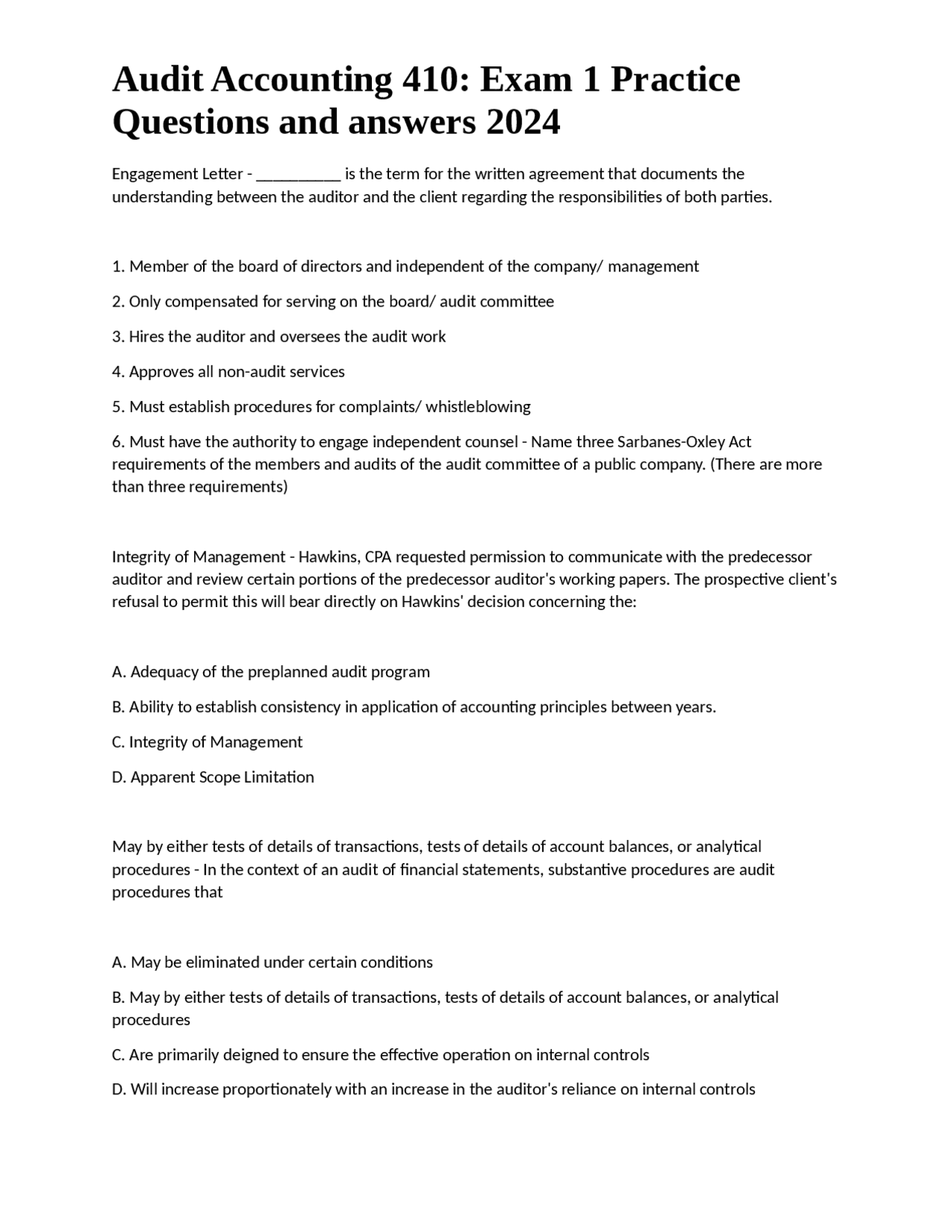 Audit Accounting 410: Exam 1 Practice Questions and answers 2024 ...