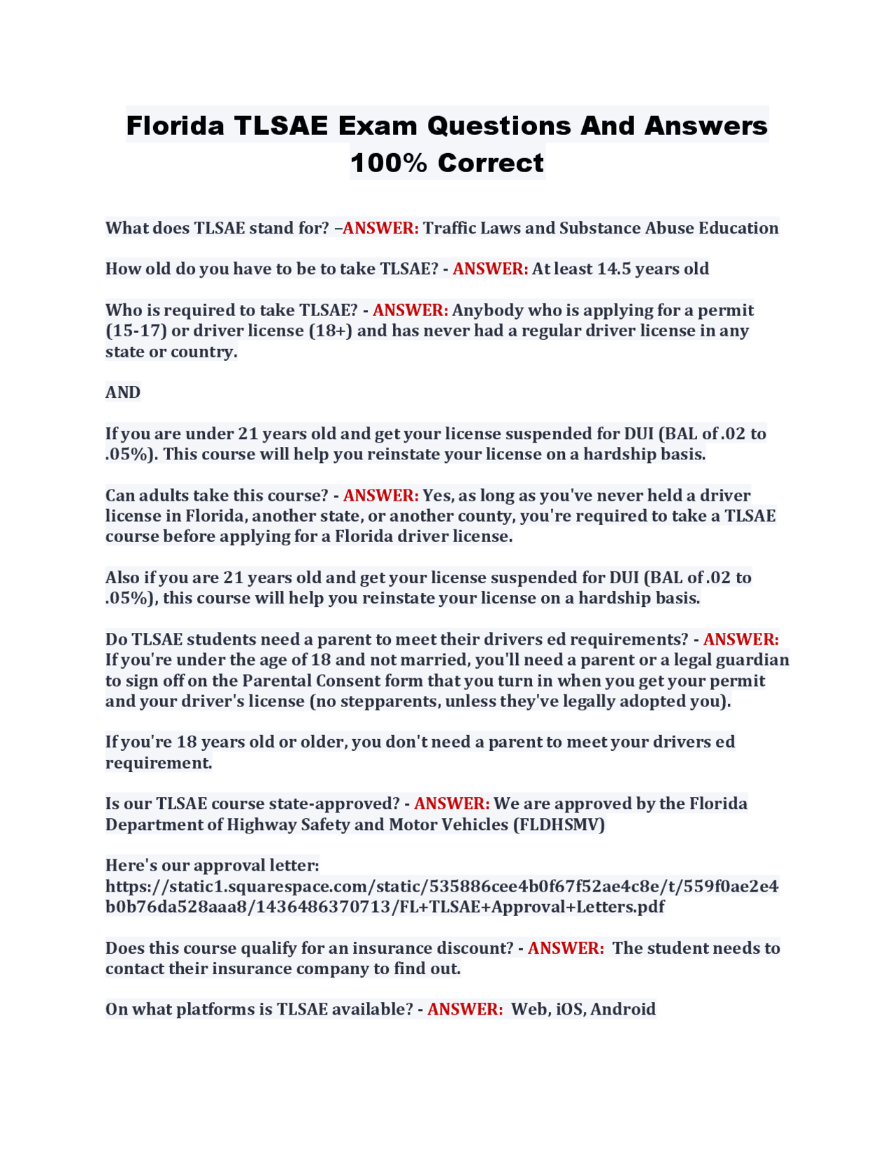 Florida Tlsae Exam Questions And Answers Exams Health Sciences Docsity