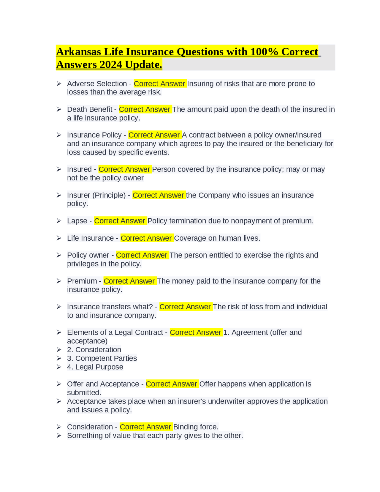Arkansas Life Insurance Questions with 100% Correct Answers 2024 Update ...
