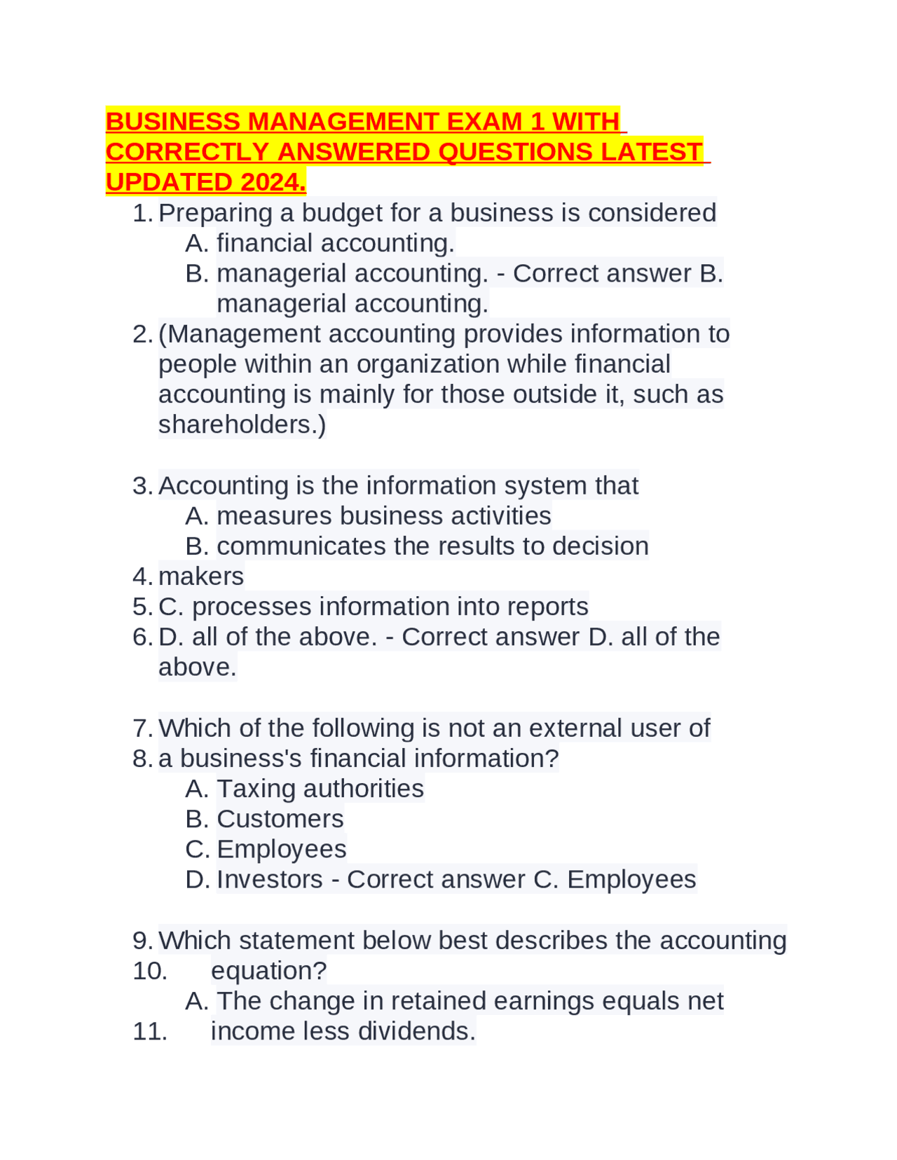BUSINESS MANAGEMENT EXAM 1 WITH CORRECTLY ANSWERED QUESTIONS LATEST ...