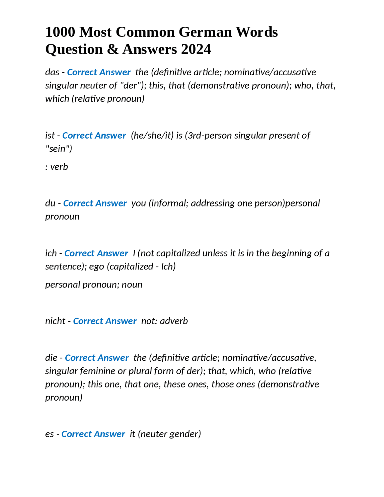 1000 Most Common German Words Question & Answers 2024 | Exams Nursing ...