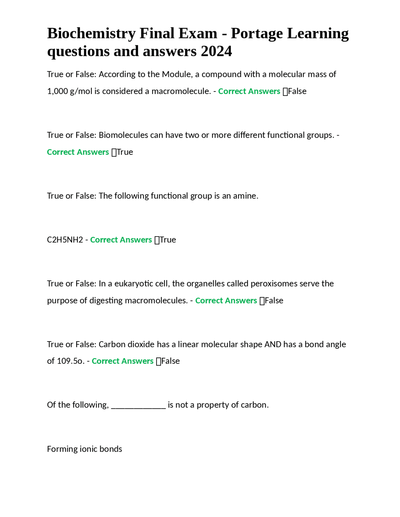 Biochemistry Final Exam - Portage Learning | Exams Nursing | Docsity