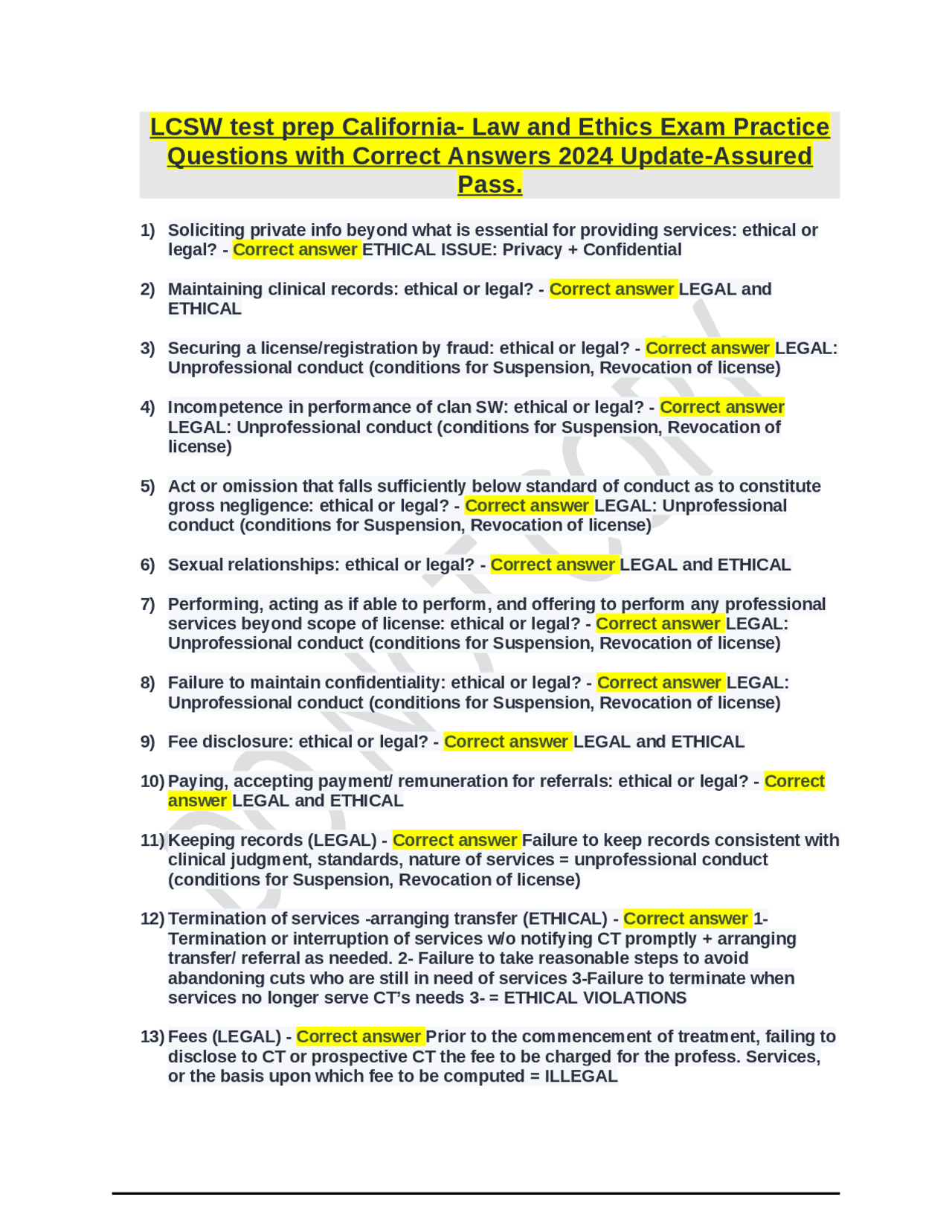 LCSW test prep California- Law and Ethics Exam Practice Questions with ...