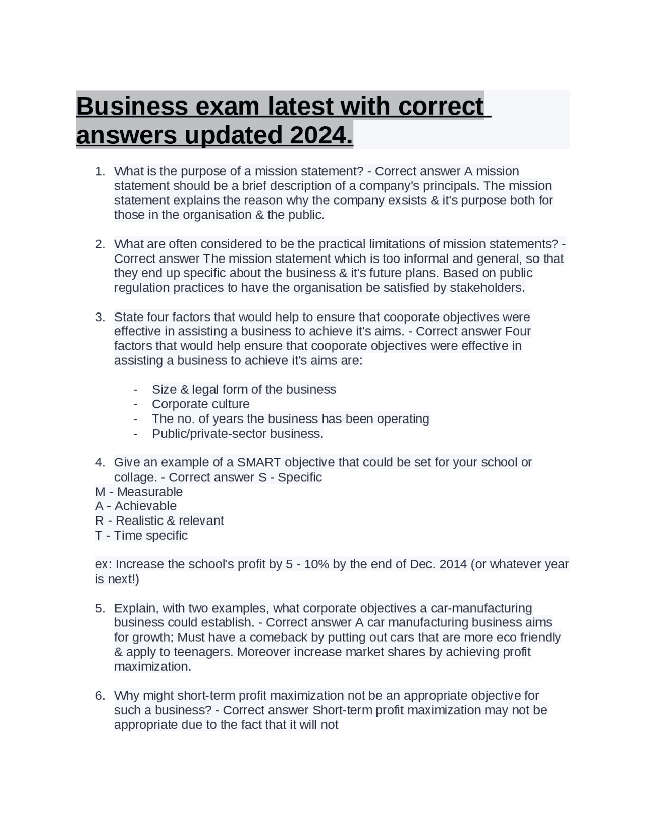 Business exam latest with correct answers updated 2024. | Exams ...