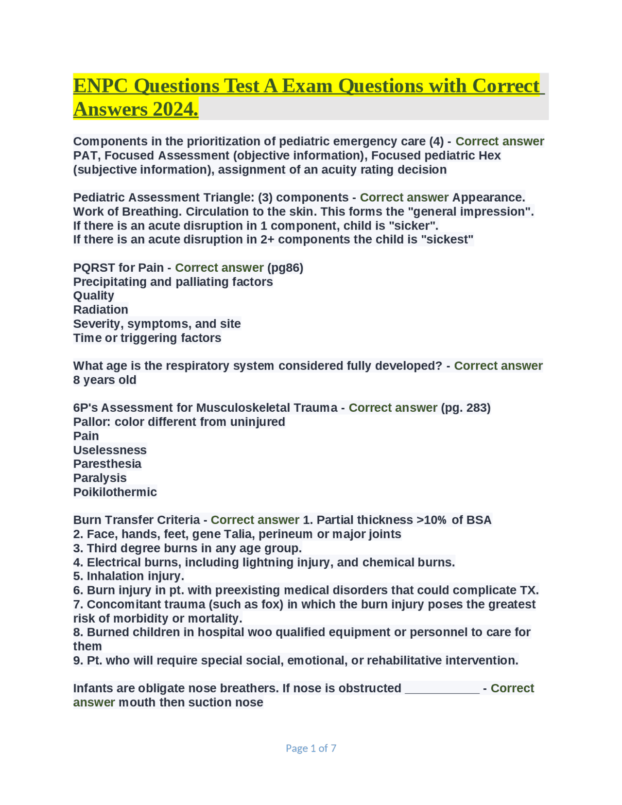 ENPC Questions Test A Exam Questions with Correct Answers 2024. | Exams ...