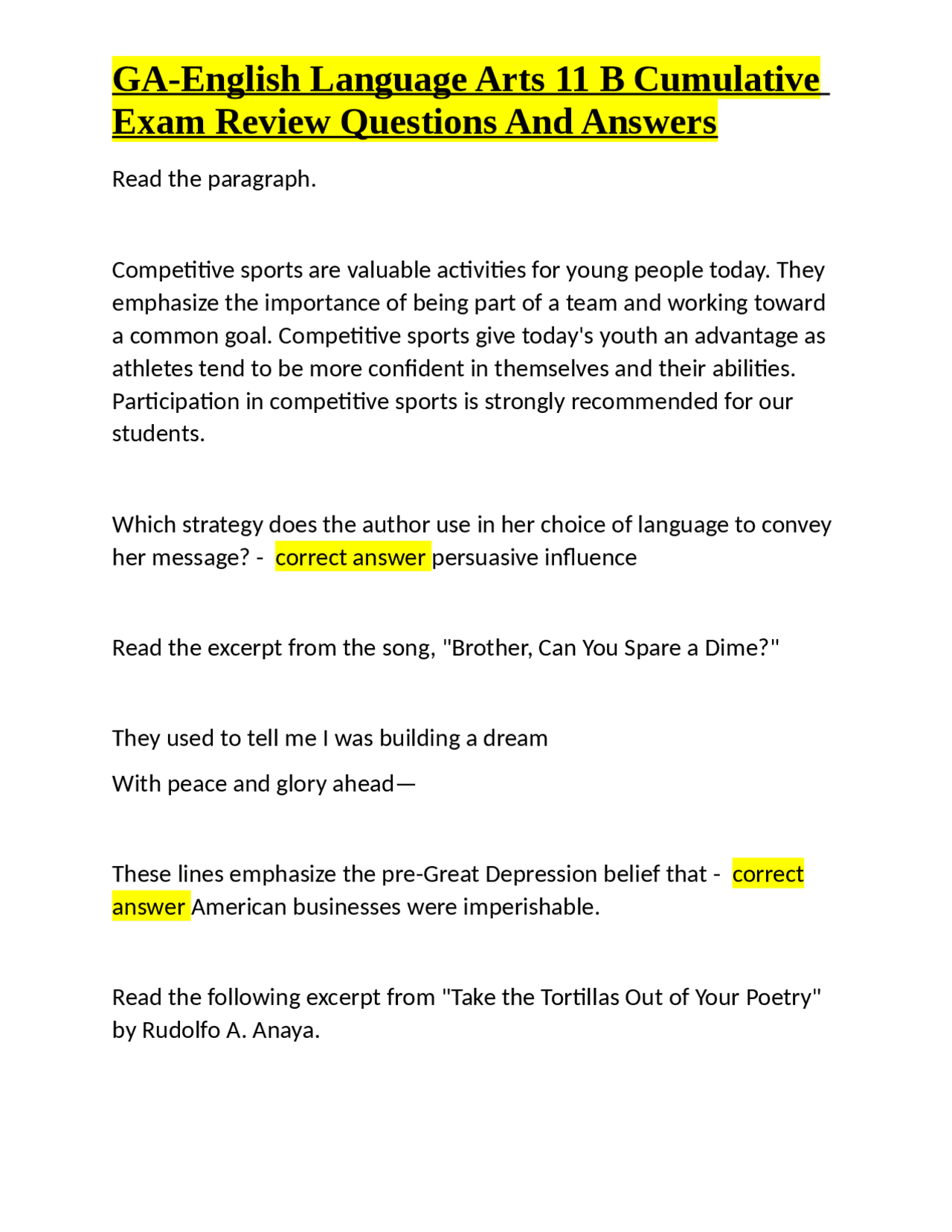 GA-English Language Arts 11 B Cumulative Exam Review Questions And Answers | Exams English ...