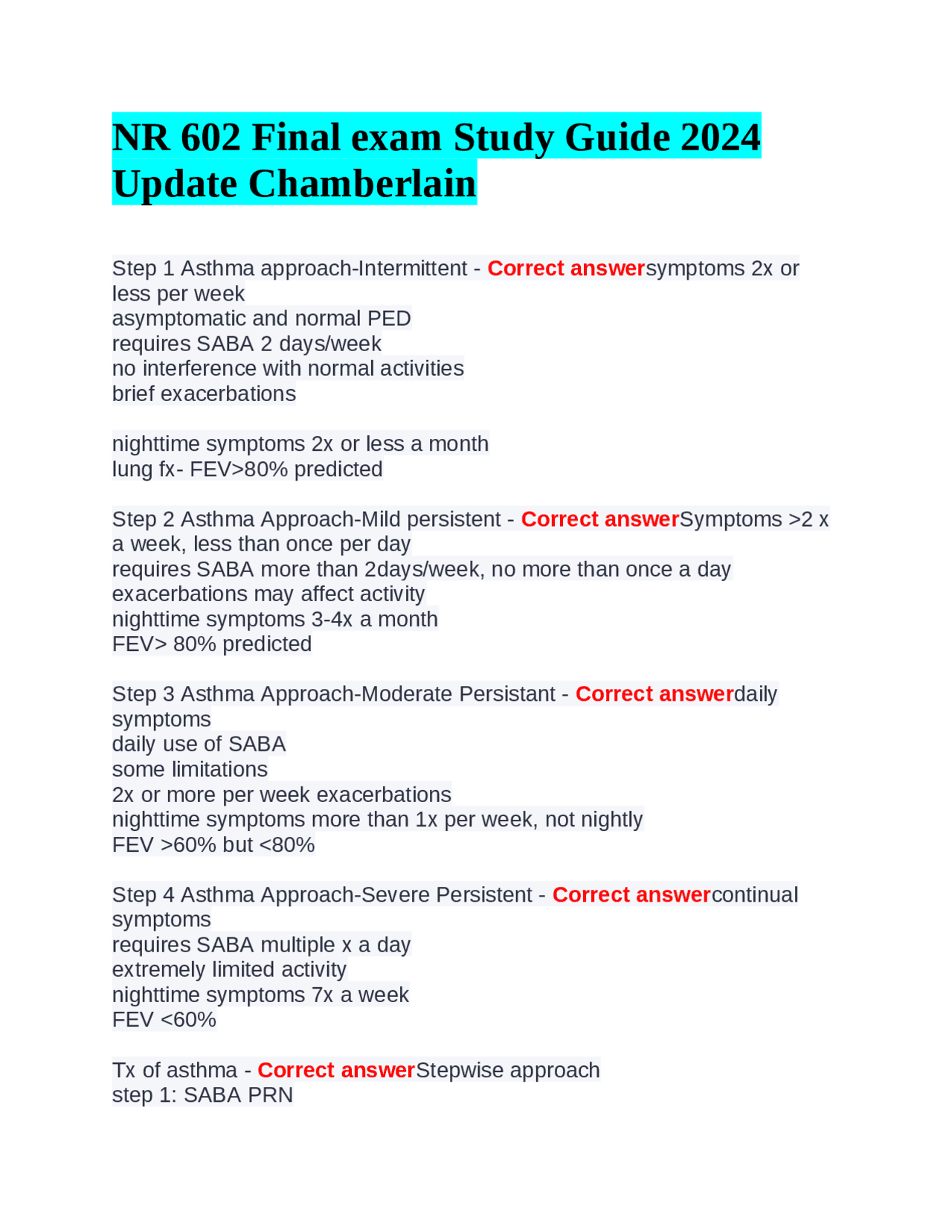 NR 602 Final exam Study Guide 2024 Update Chamberlain | Exams Nursing | Docsity