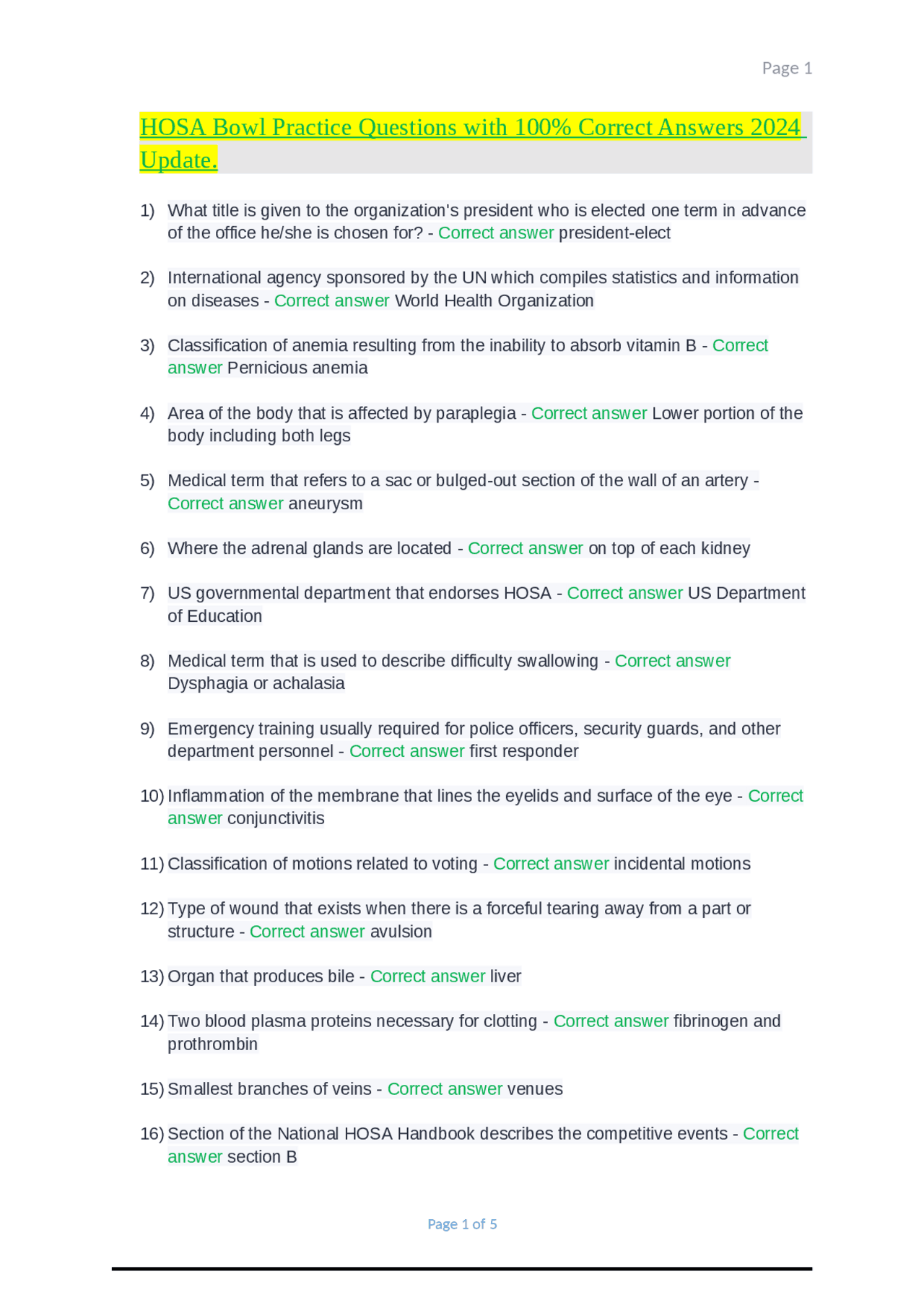 HOSA Bowl Practice Questions with 100% Correct Answers 2024 Update ...