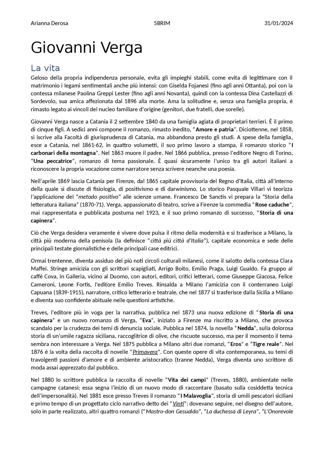 Giovanni Verga: vita e opere | Appunti di Italiano | Docsity