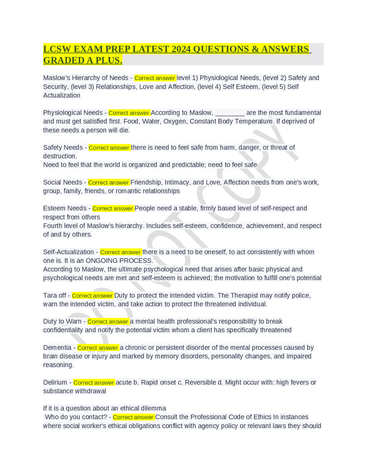 LCSW EXAM PREP LATEST 2024 QUESTIONS & ANSWERS GRADED A PLUS. | Exams ...