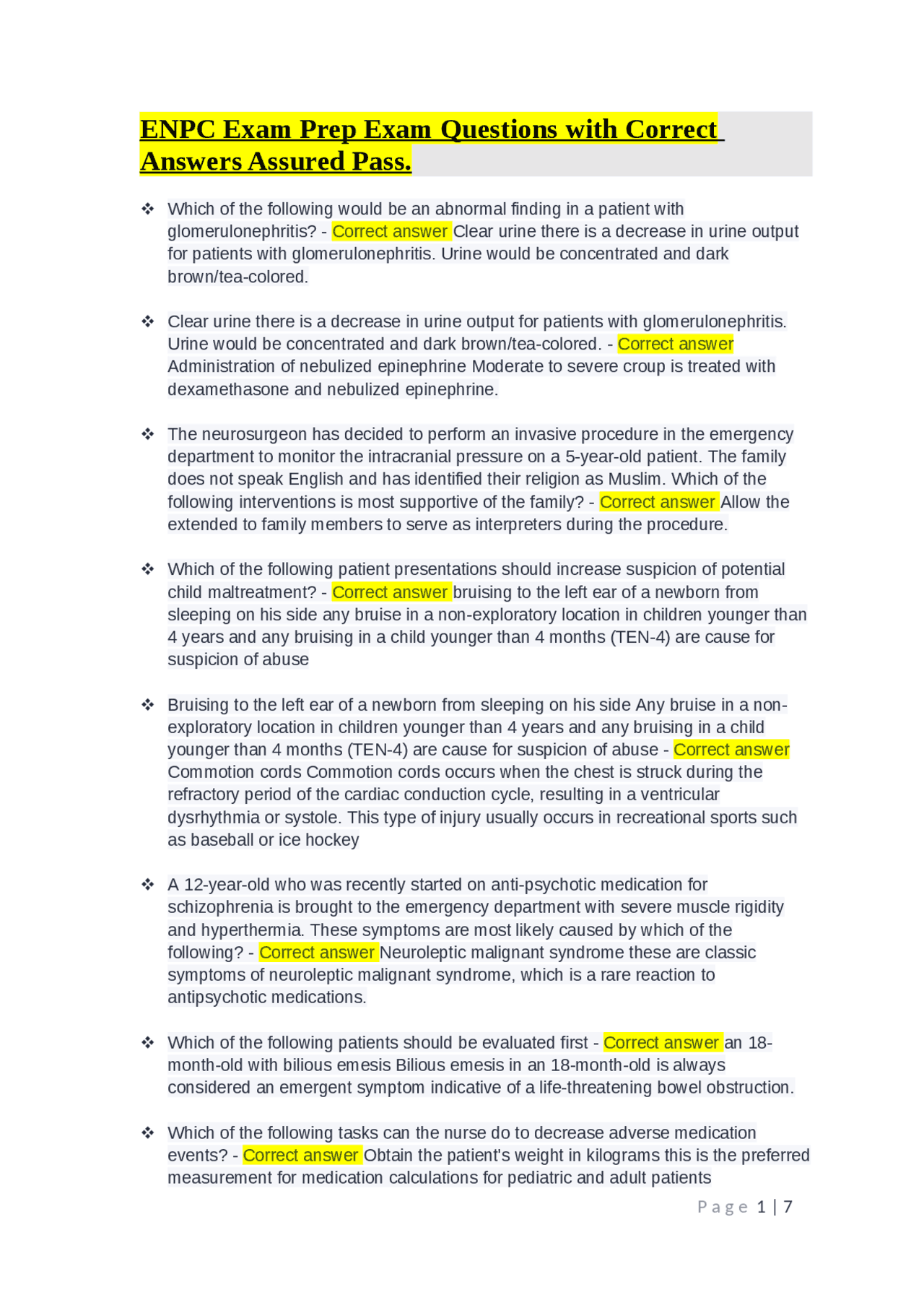 ENPC Exam Prep Exam Questions with Correct Answers Assured Pass ...