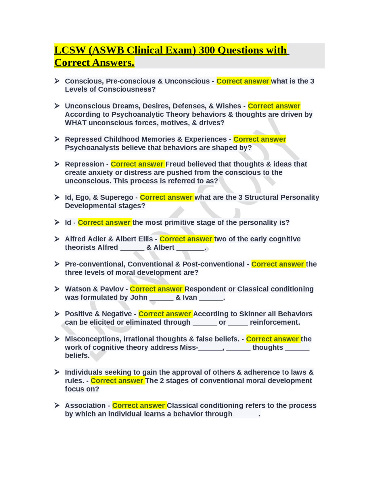 LCSW (ASWB Clinical Exam) 300 Questions with Correct Answers. | Exams ...