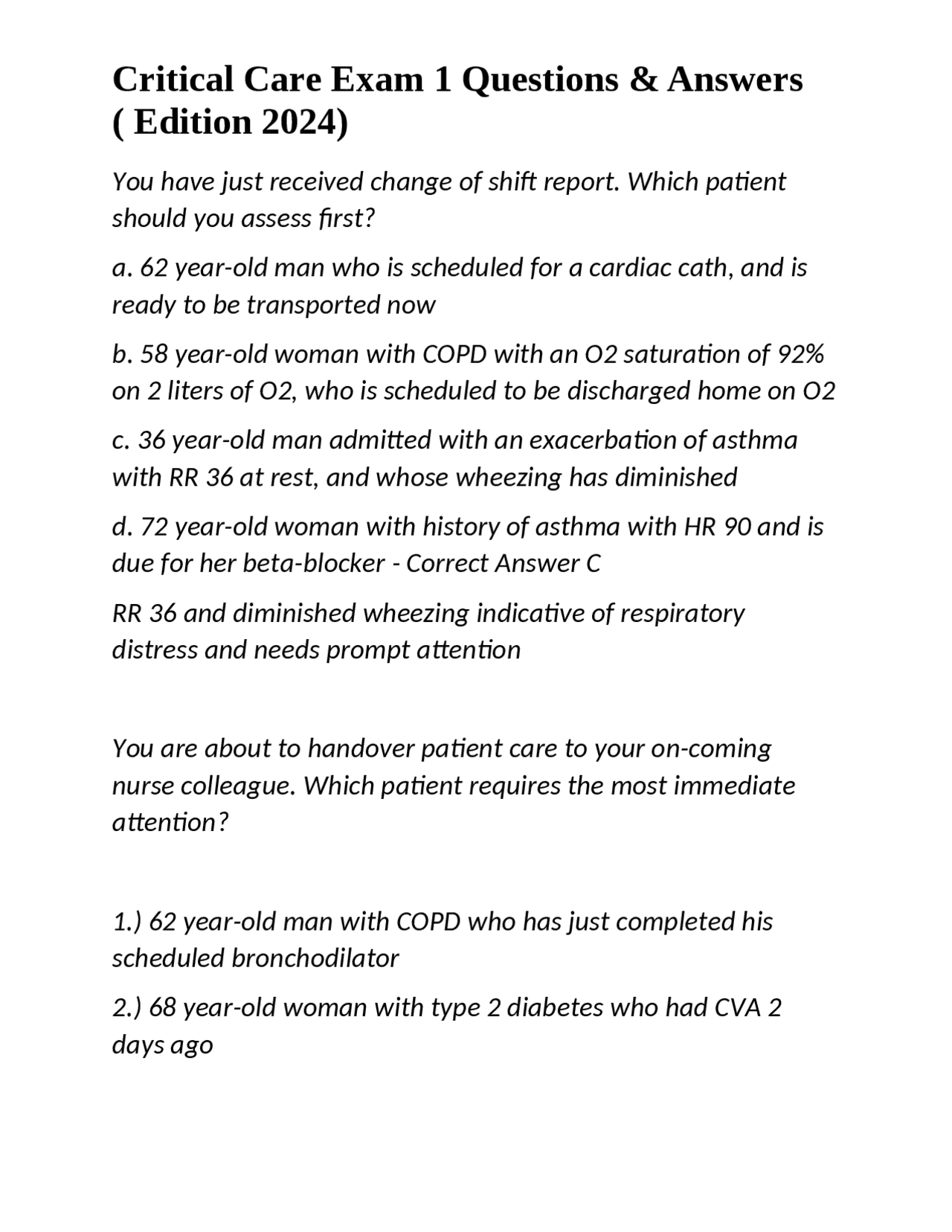 Critical Care Exam 1 Questions & Answers ( Edition 2024) | Exams ...