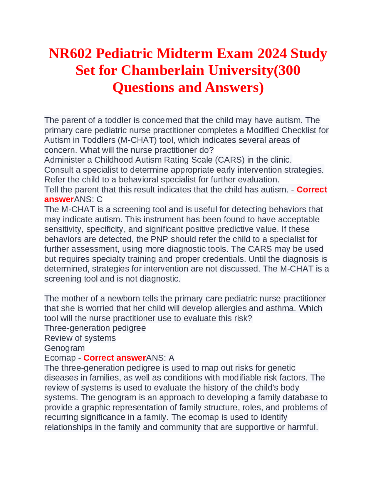 NR602 Pediatric Midterm Exam 2024 Study Set for Chamberlain University ...