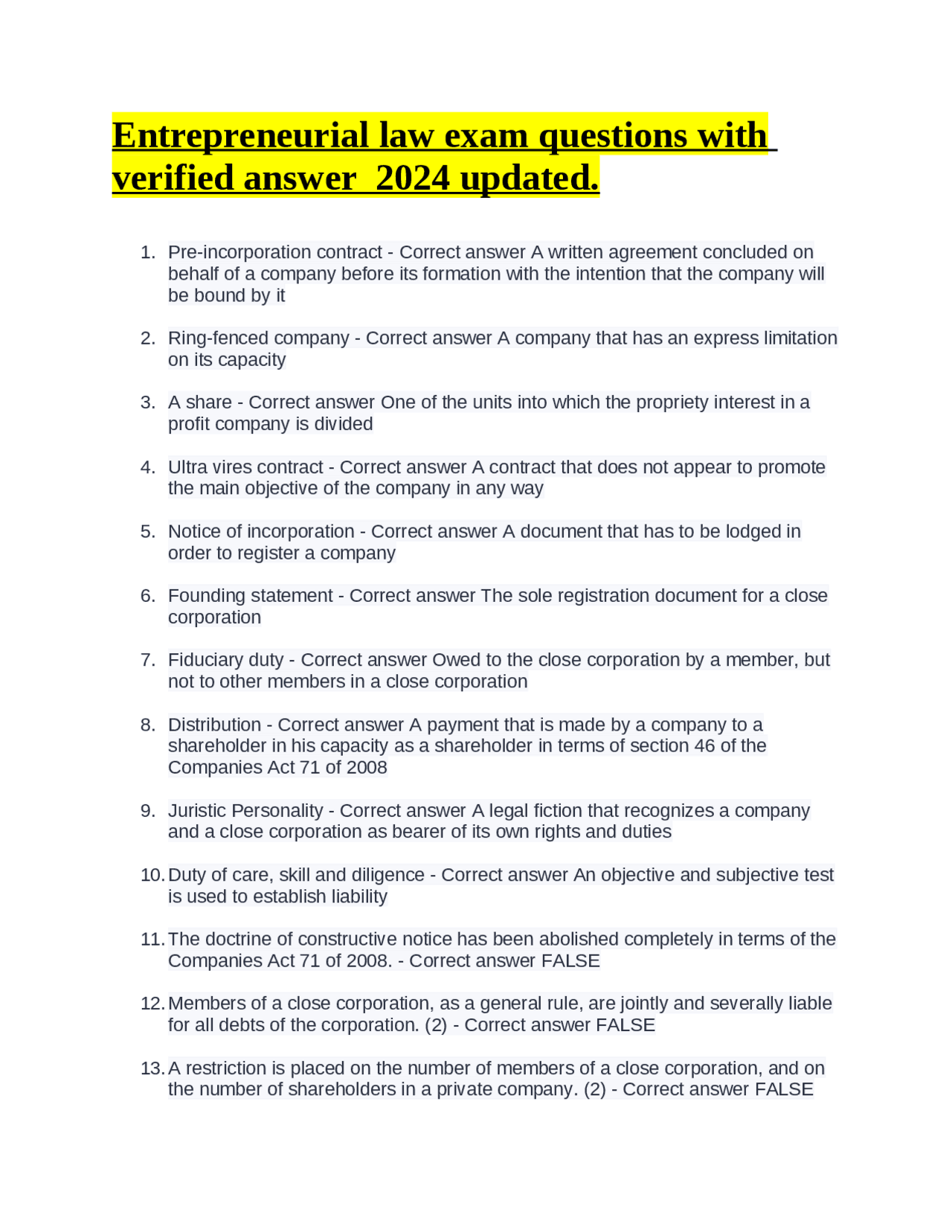 Entrepreneurial Law Exam Questions and Answers | Exams Business ...